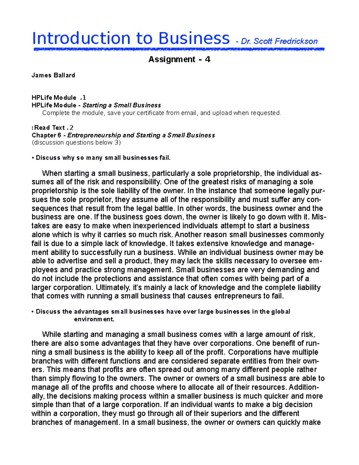 Assignment 4 - Business Class Notes - Introduction to Business - Dr ...