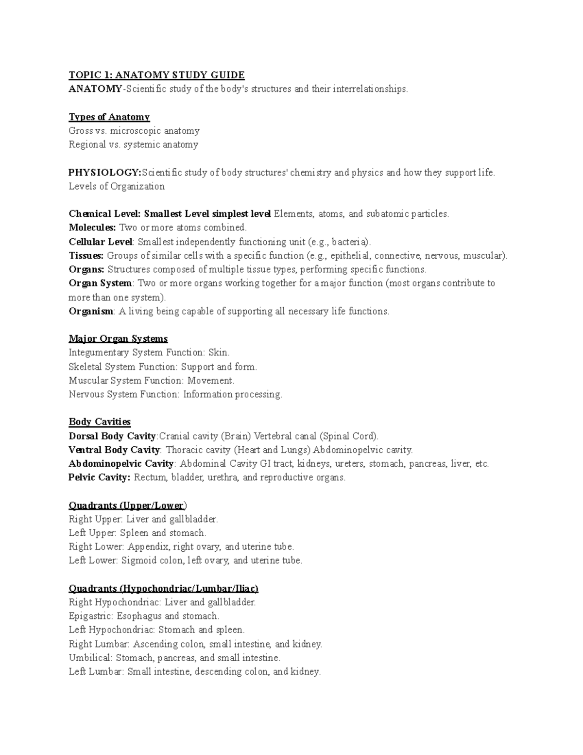 Topic 1 Anatomy Study Guide - TOPIC 1: ANATOMY STUDY GUIDE ANATOMY ...