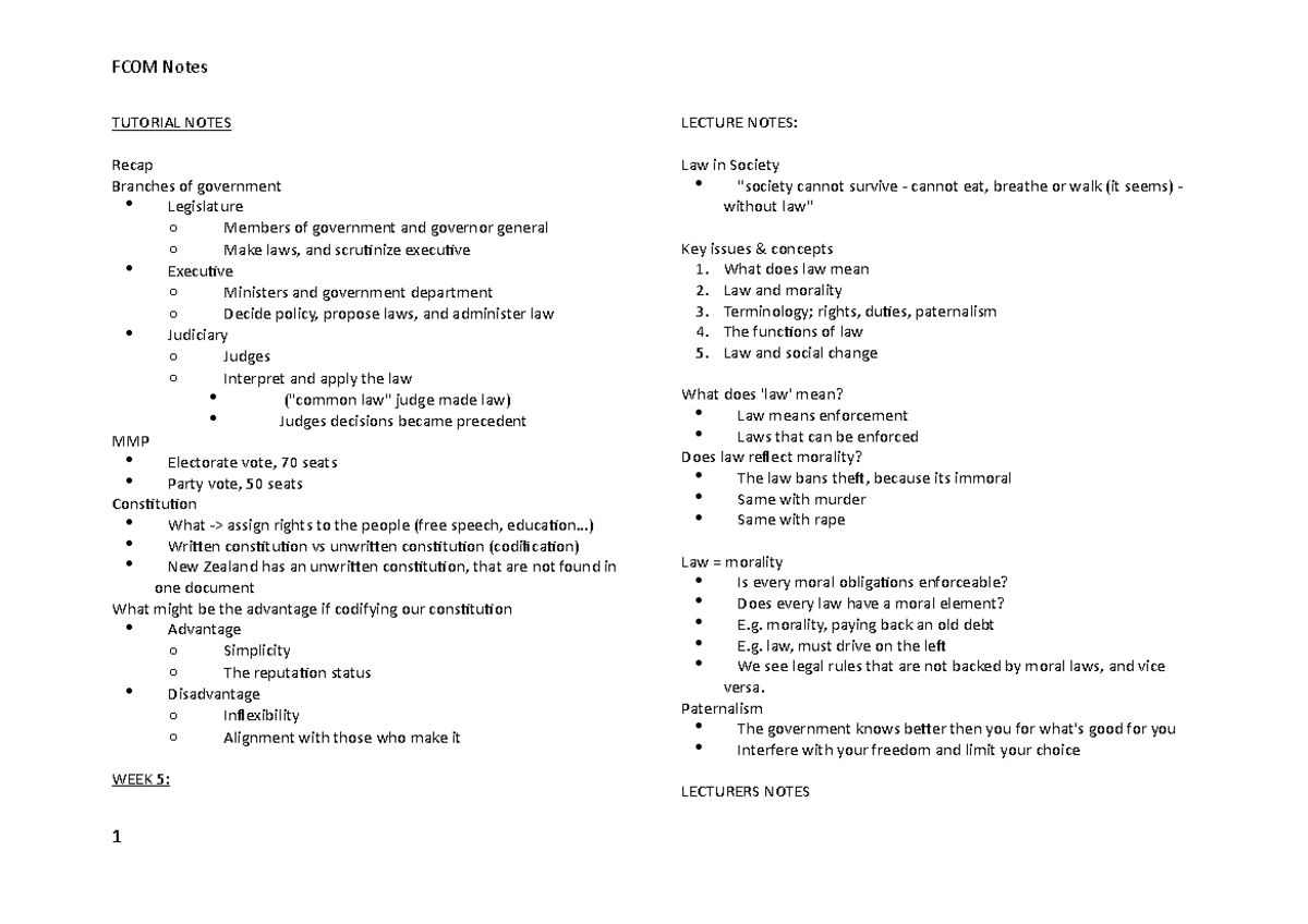 FCOM Notes - weeks 5-7, lectures + tutorials - TUTORIAL NOTES Recap ...