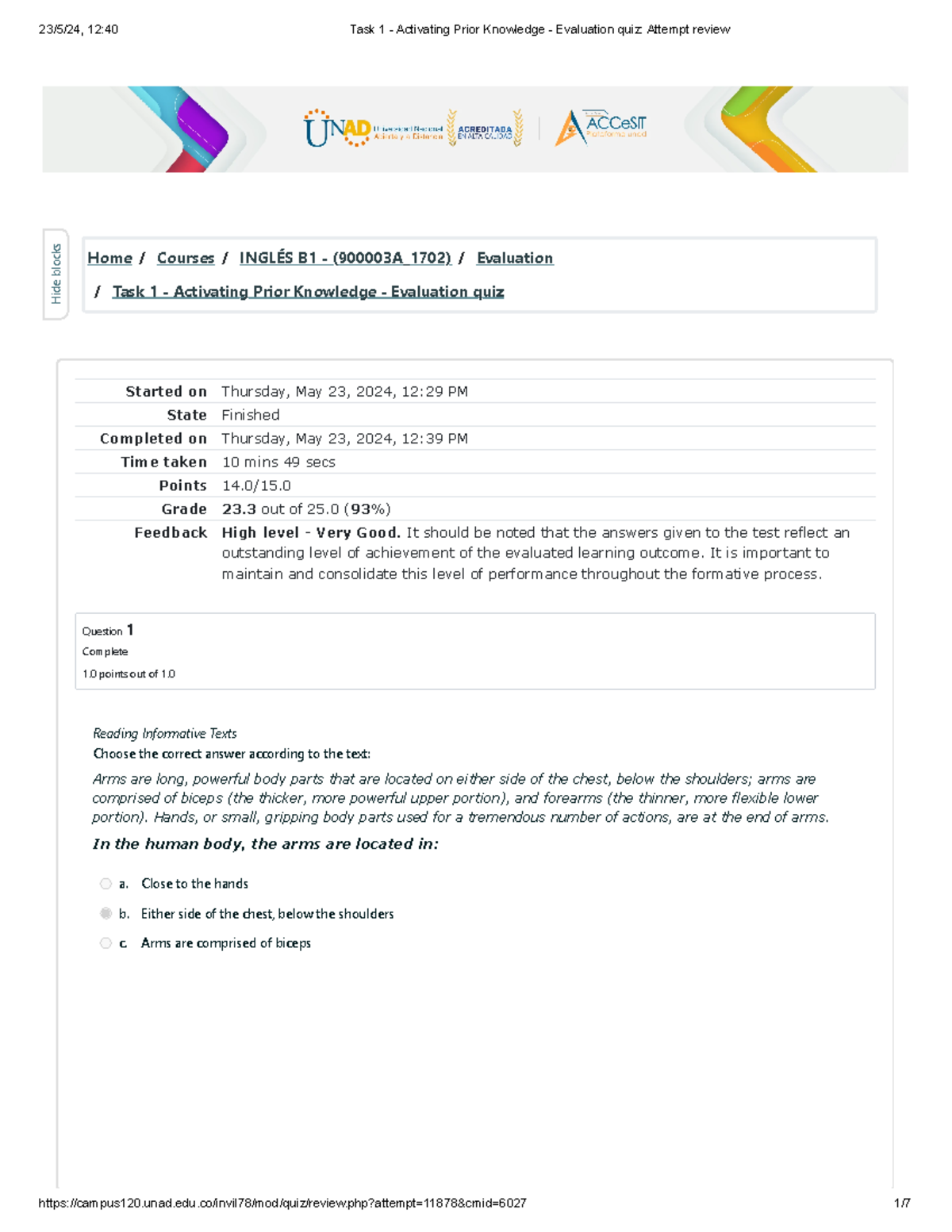 Task 1 - Activating Prior Knowledge - Evaluation quiz - Started on Thursday, May 23, 2024, 12:29 ...