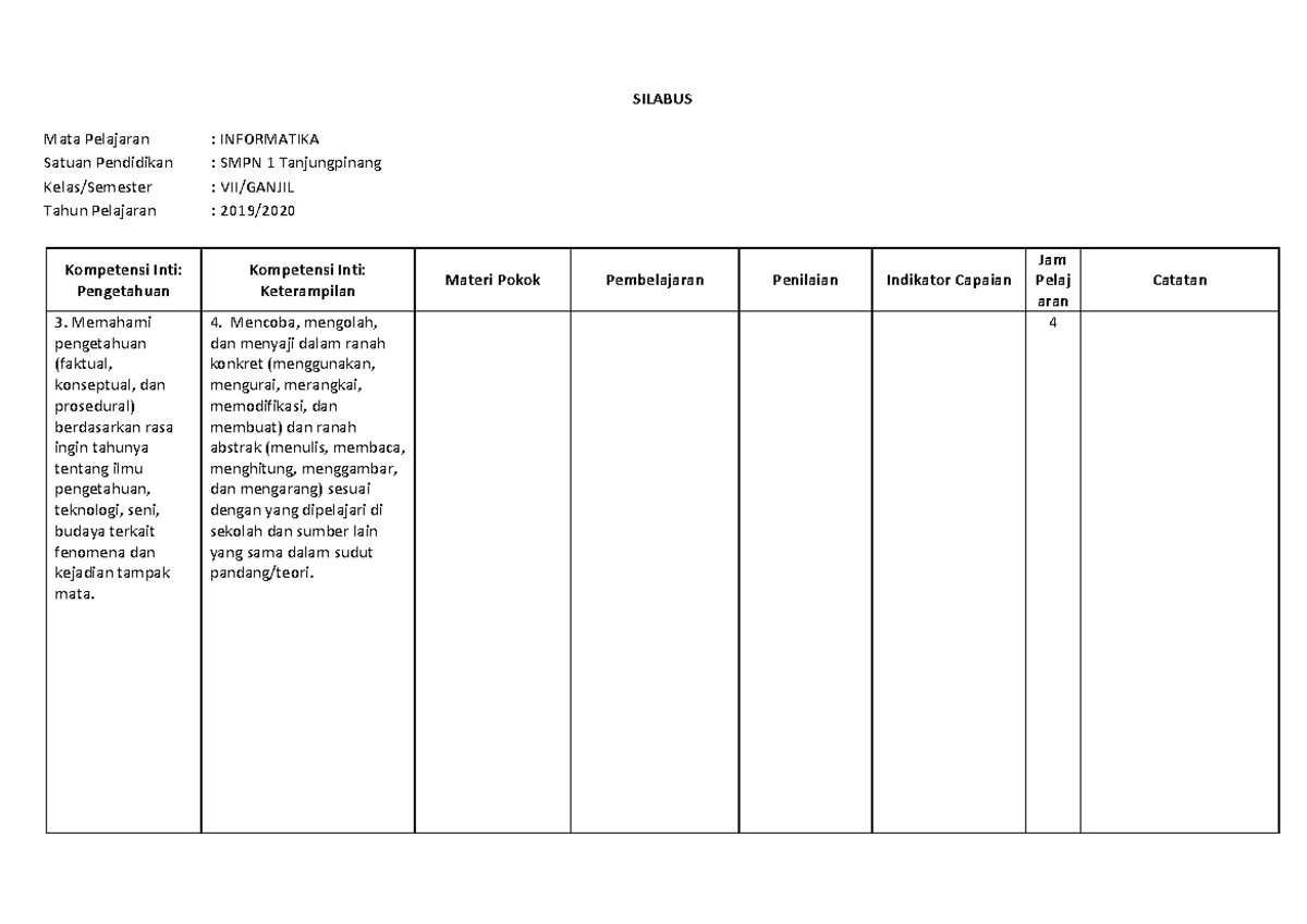 Silabus Informatika Kelas 7 Smp Silabus Mata Pelajaran Informatika