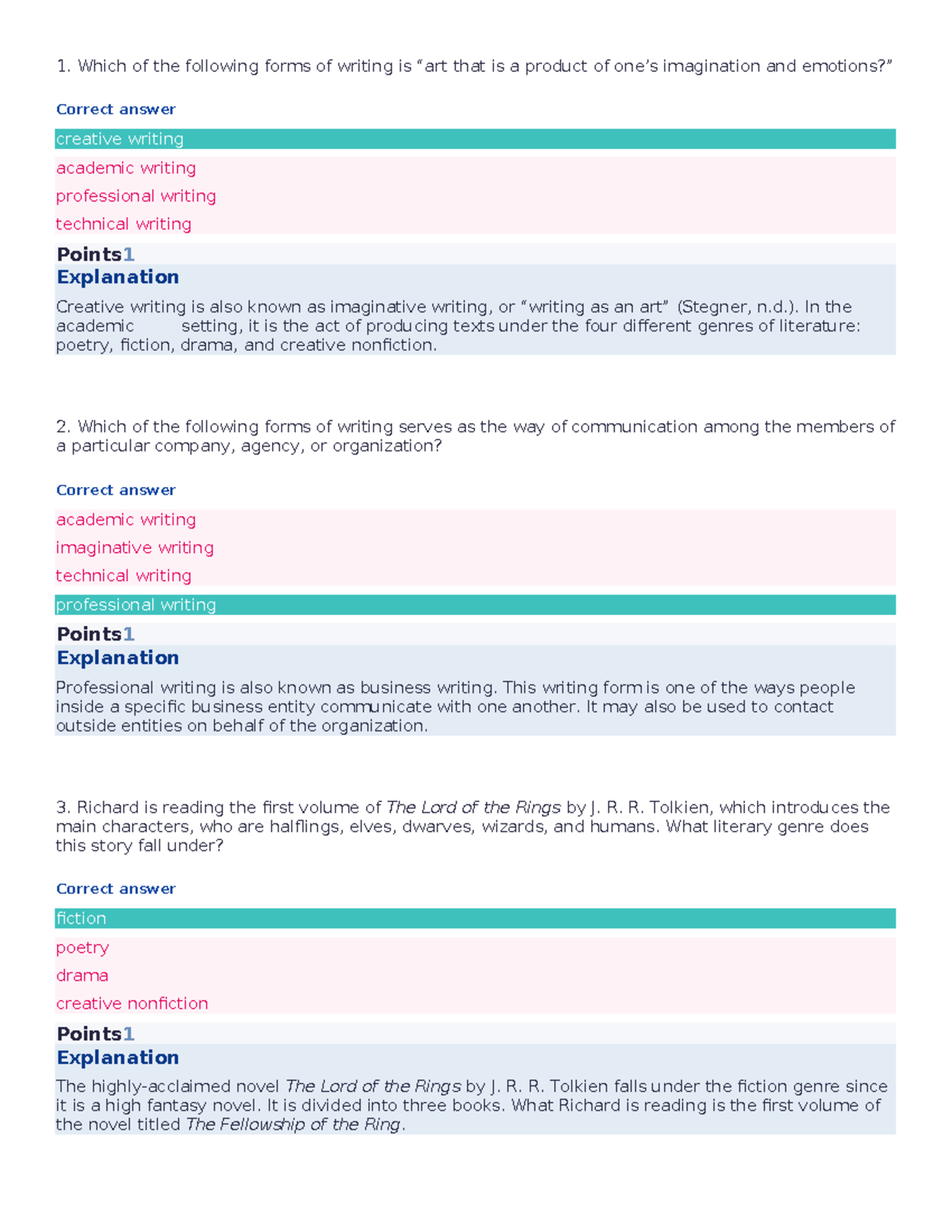 1 - short quiz - 1. Which of the following forms of writing is “art ...