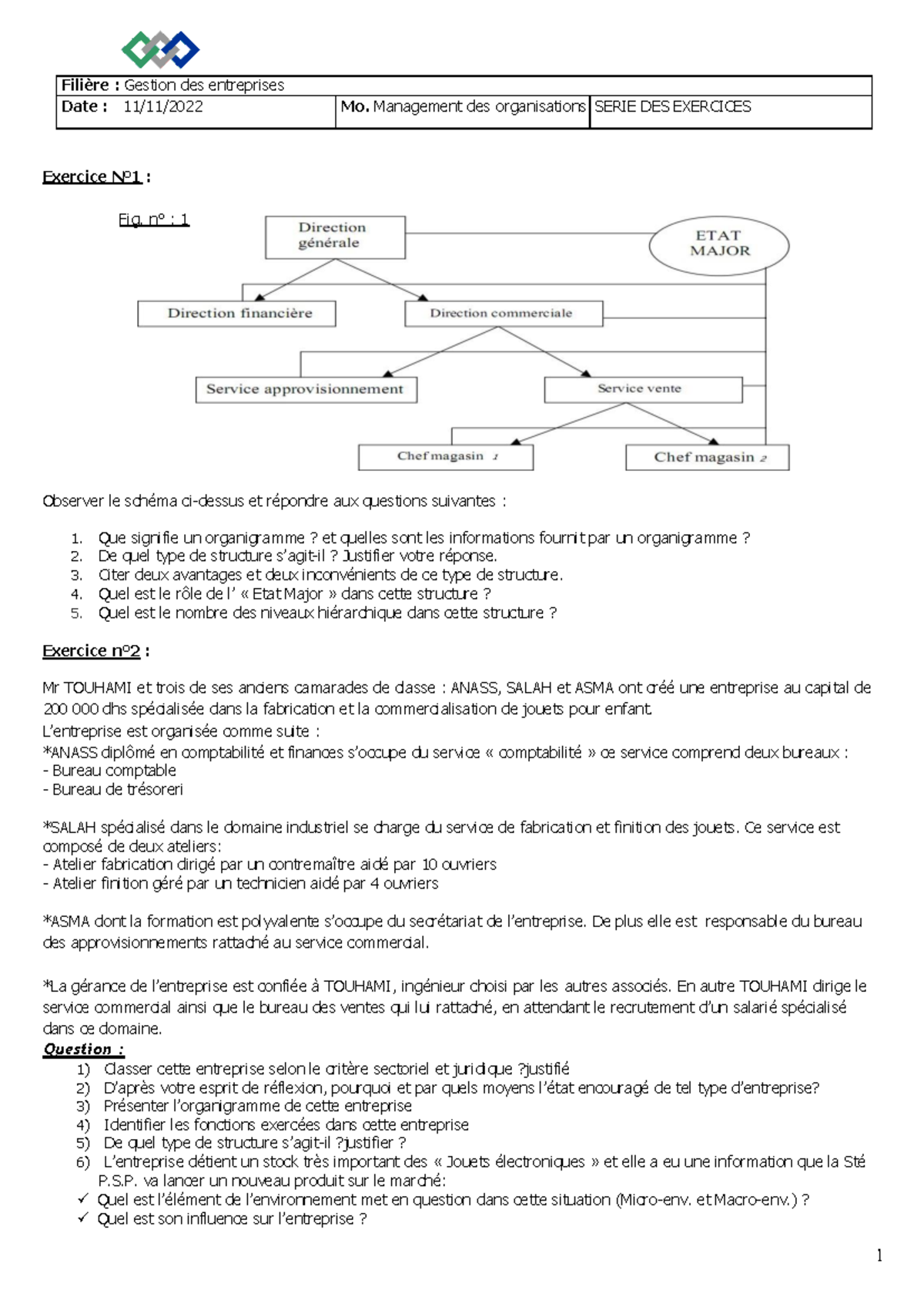 Exercices Structures - Exercise - Fig. n° : 1 Filière : Gestion des entreprises Date : 11/11 ...