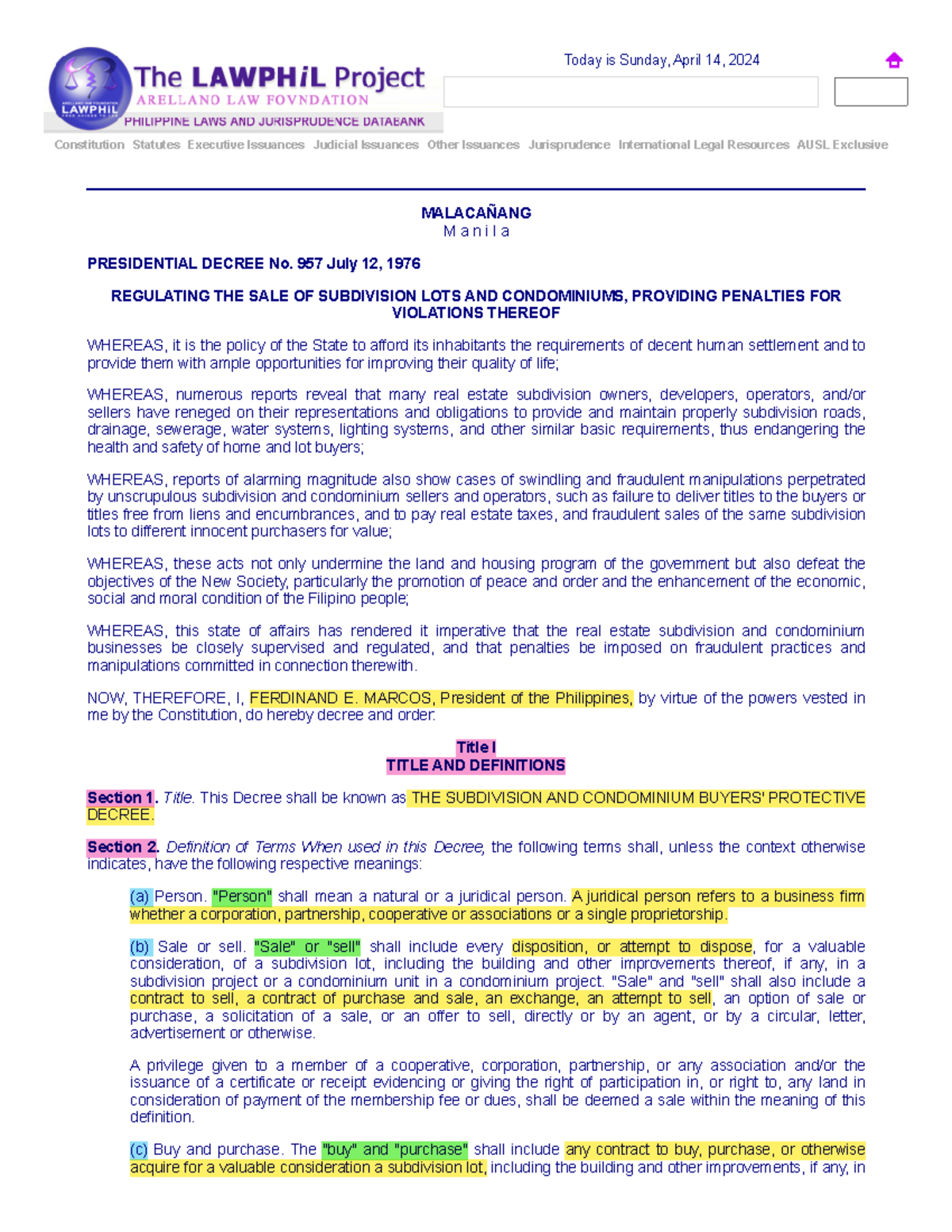 P.D. No. 957 - P.D. No. 957 - Constitution Statutes Executive Issuances ...