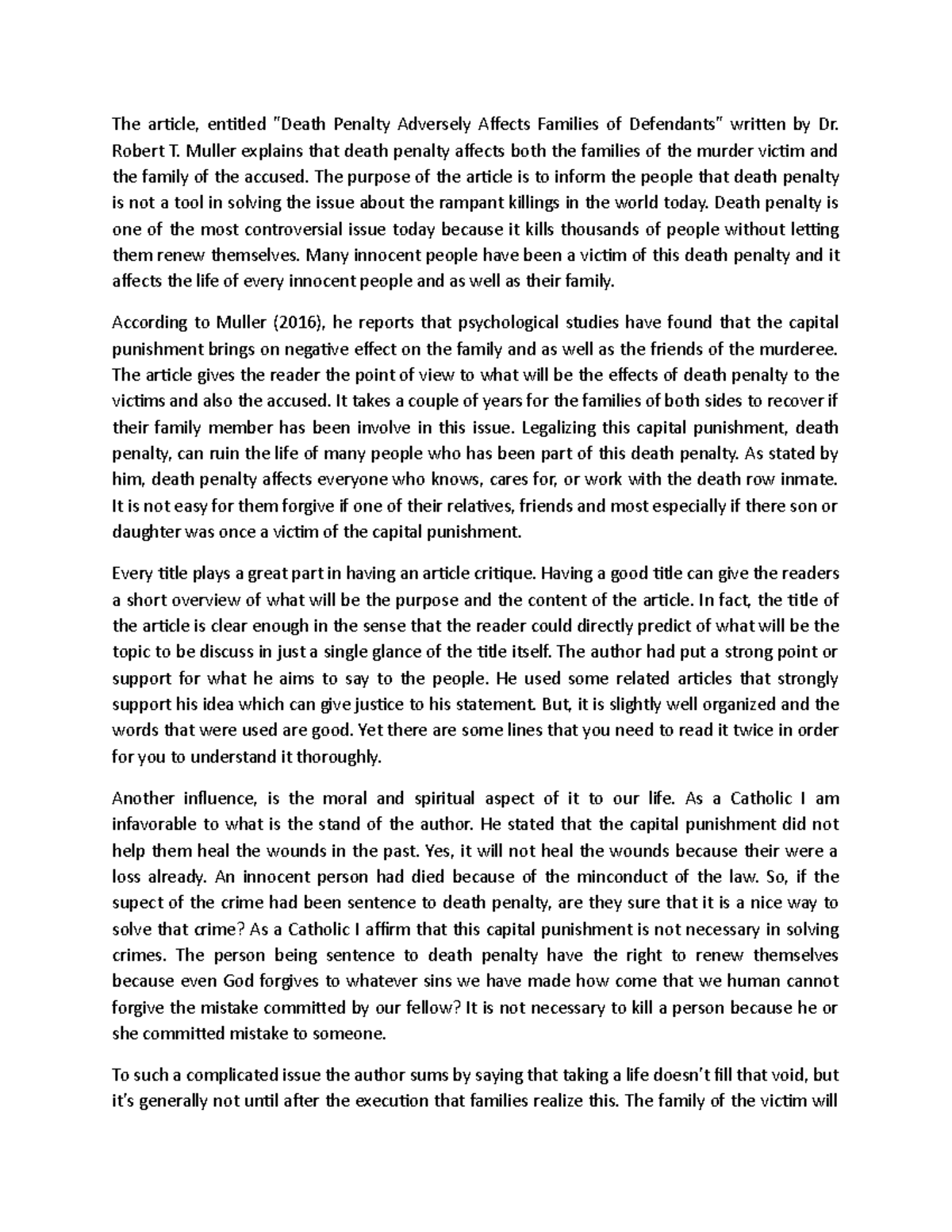 Critique - This is my project - The article, entitled "Death Penalty ...