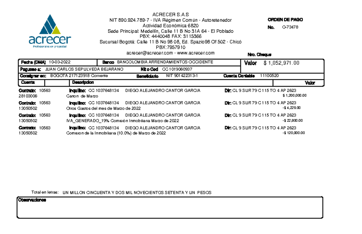 Comprobante acrecer 4 - O- ORDEN DE PAGO No. Paguese a: Fecha (DMA) Nro ...