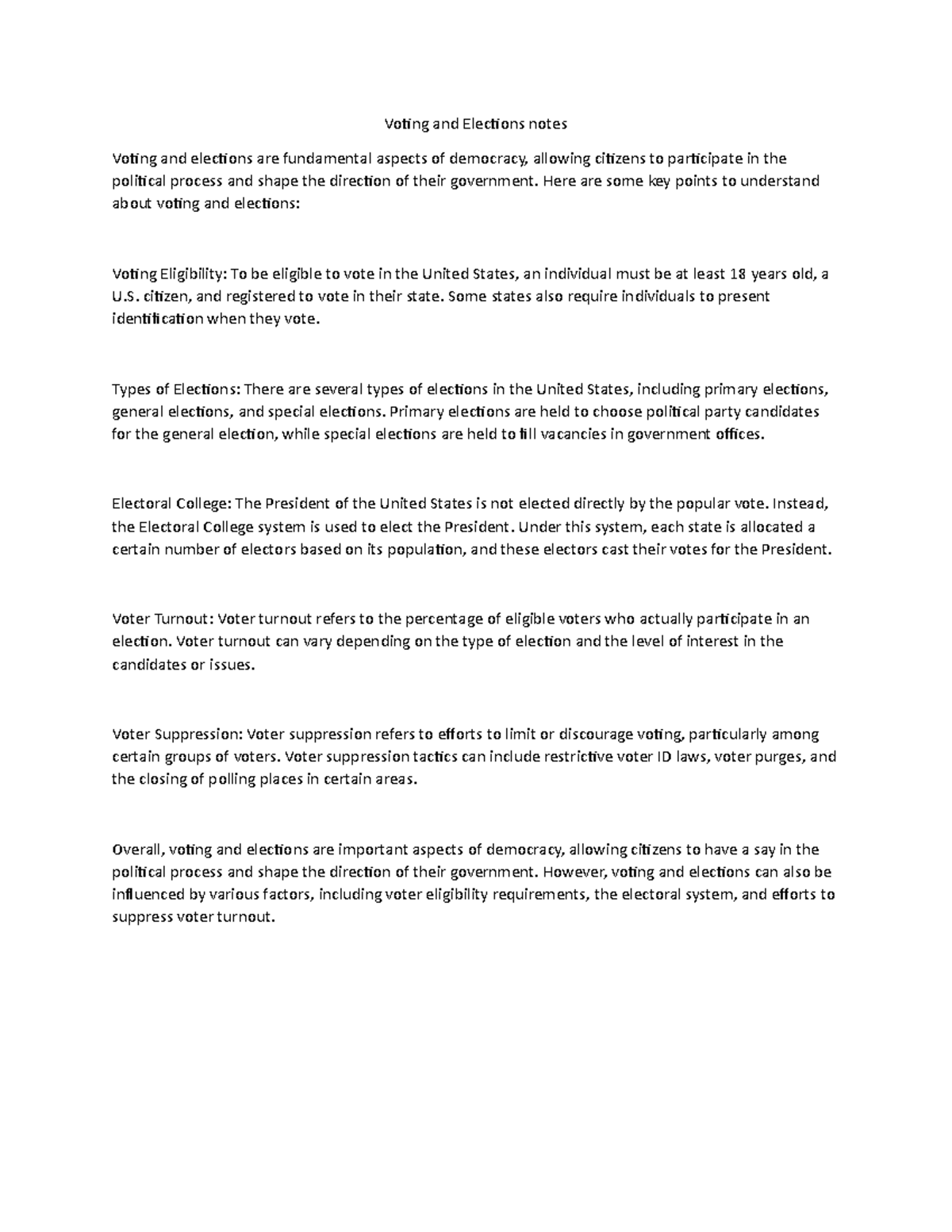 Voting and Elections notes - Voting and Elections notes Voting and ...