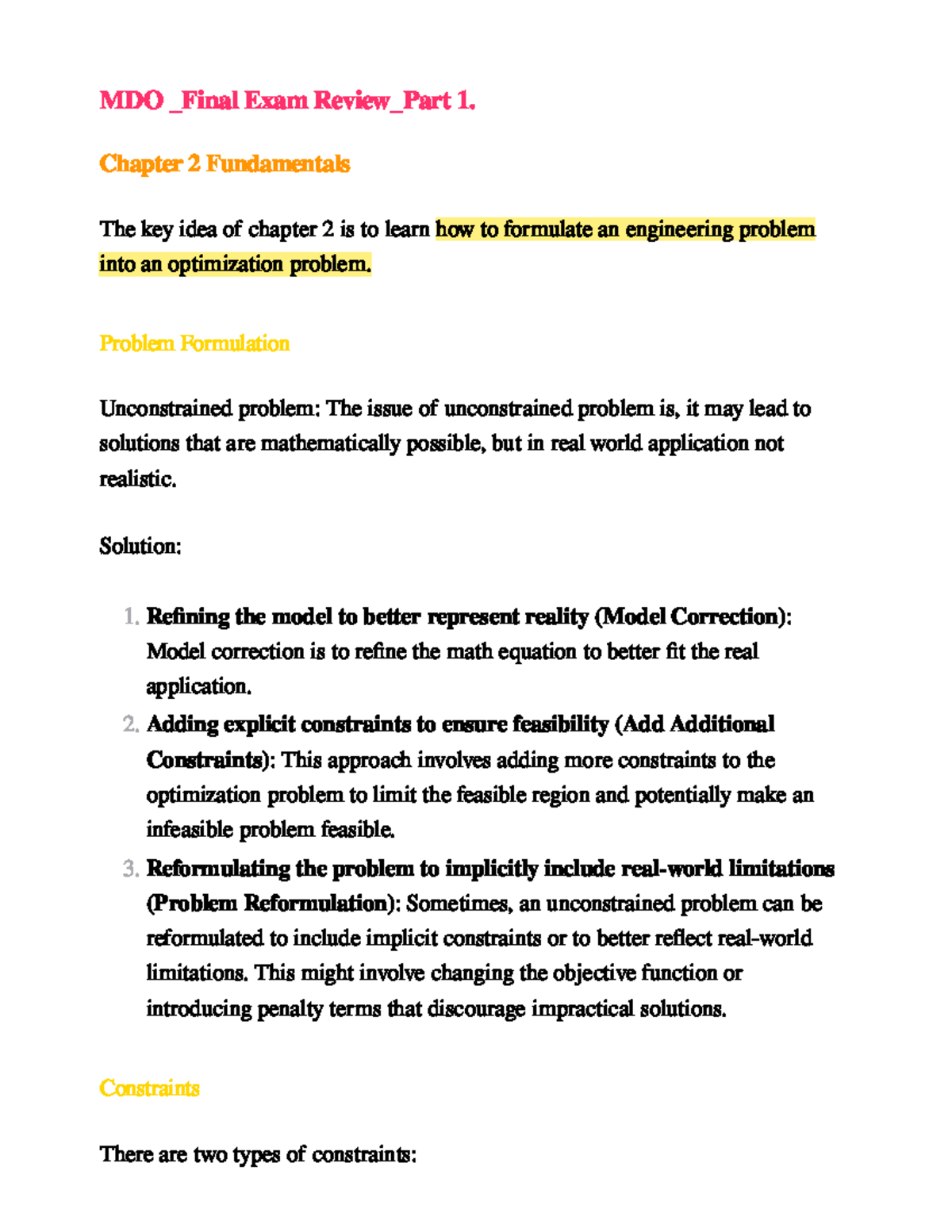 MDO Final Exam Review Part 1 - Chapter 2 Fundamentals The key idea of chapter 2 is to learn how ...