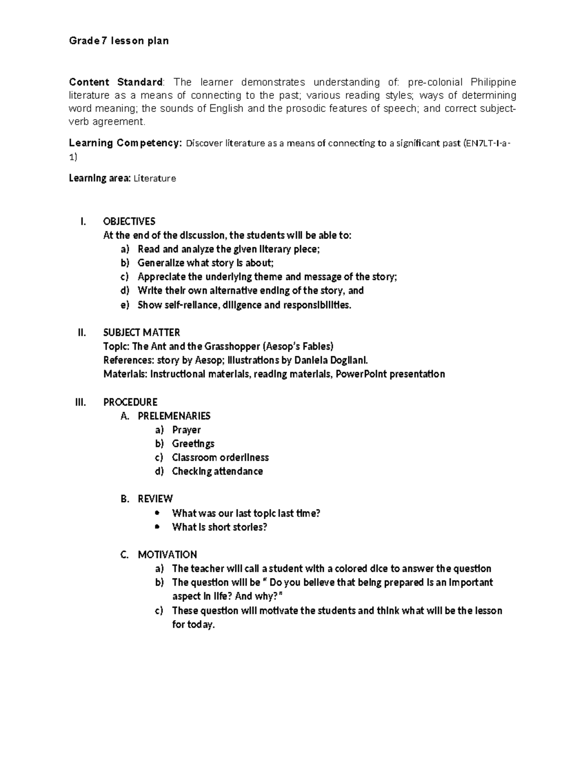 LP - 12345 - Grade 7 lesson plan Content Standard: The learner ...