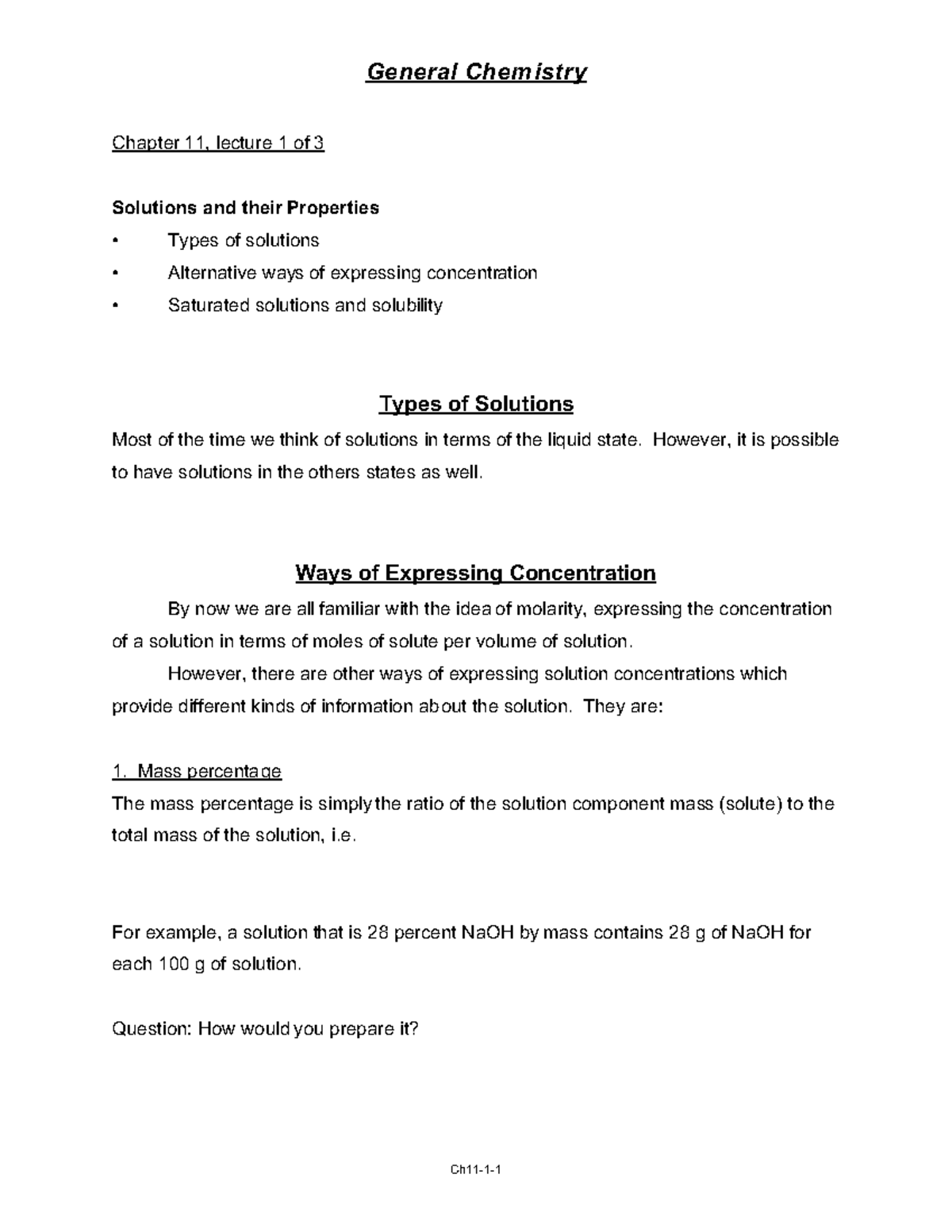 Chapter 11 Lecture 1 - notes for CHY103 - General Chem istry Chapter 11 ...