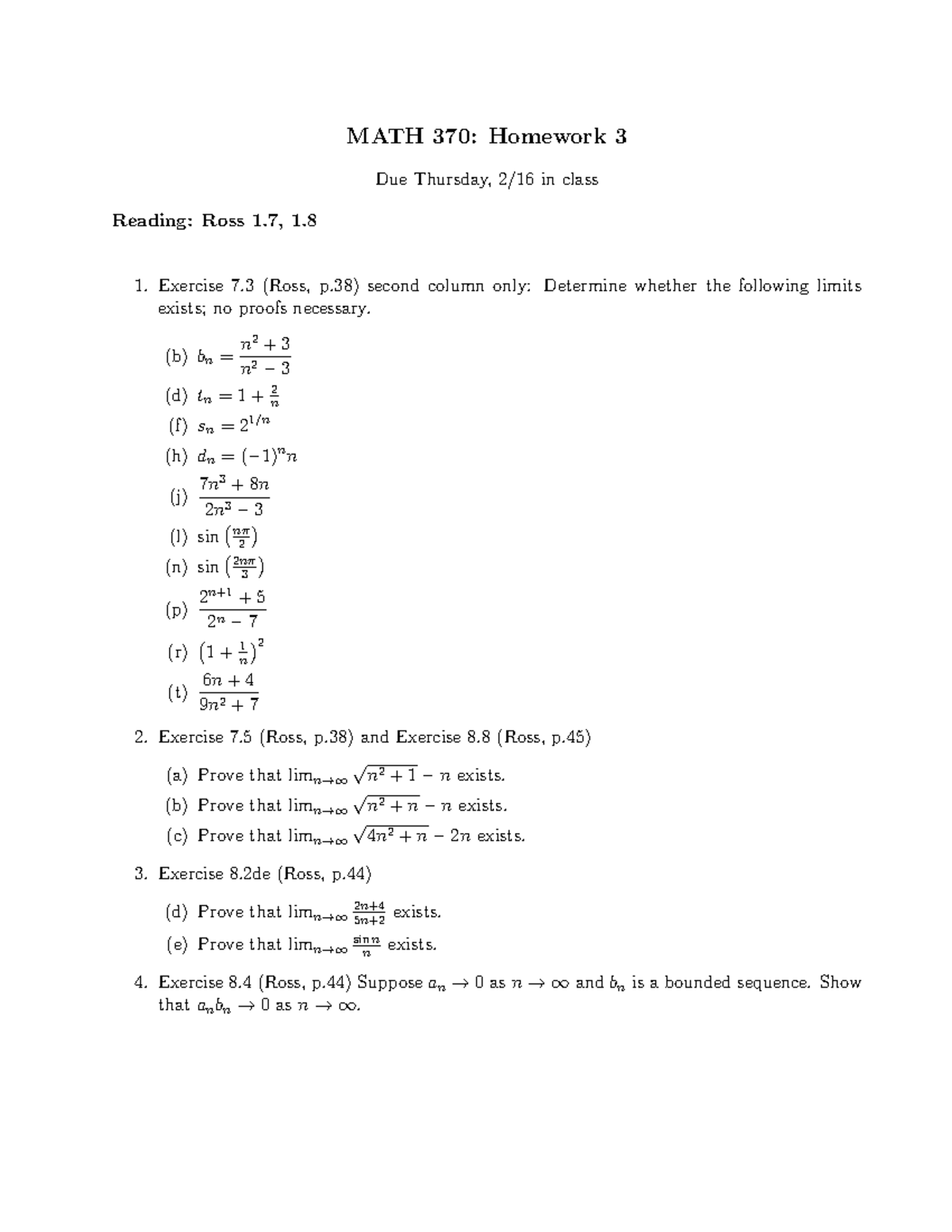 HW3, q + a - Homework assignment 3 - MATH 370: Homework 3 Due Thursday ...