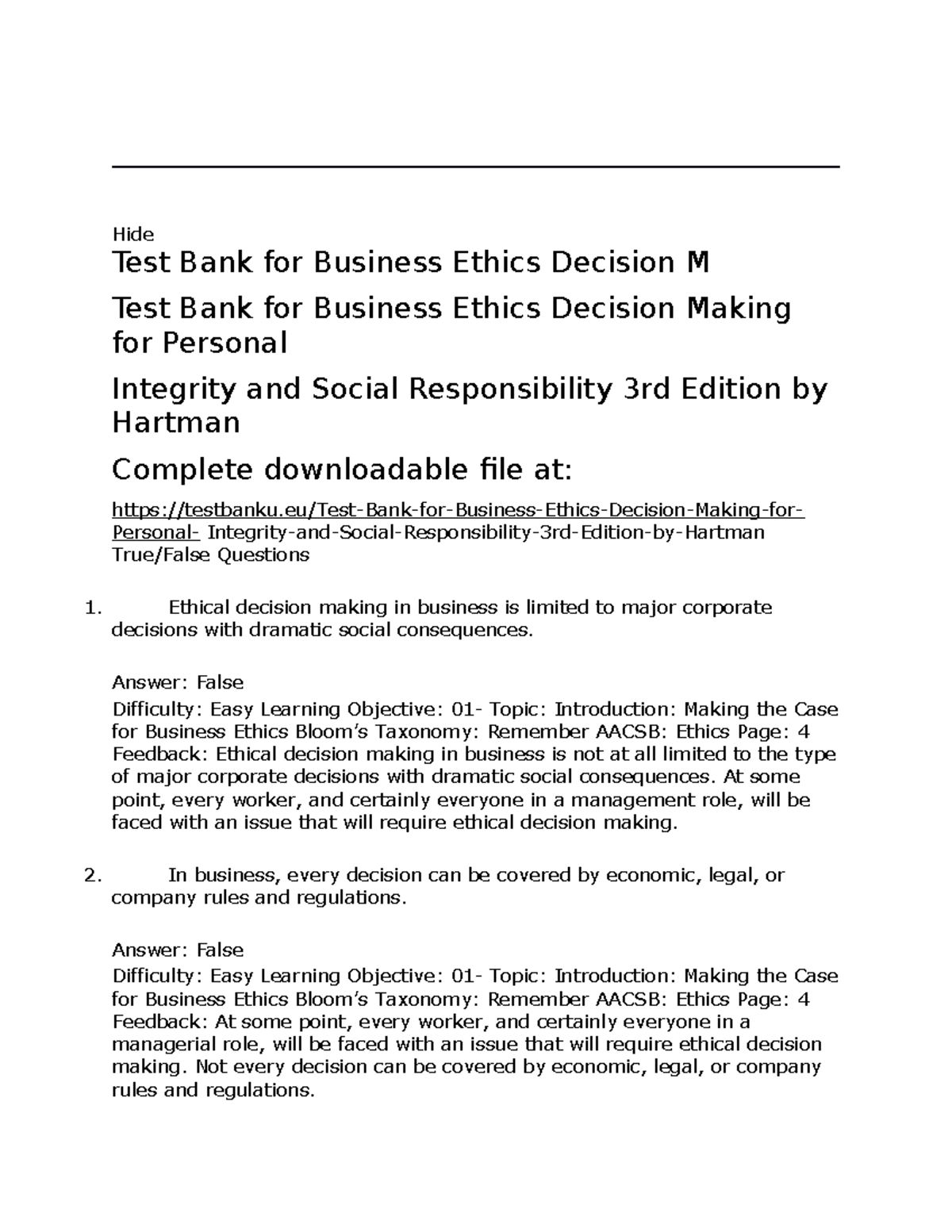 Test banks ethics - Hide Test Bank for Business Ethics Decision M Test ...