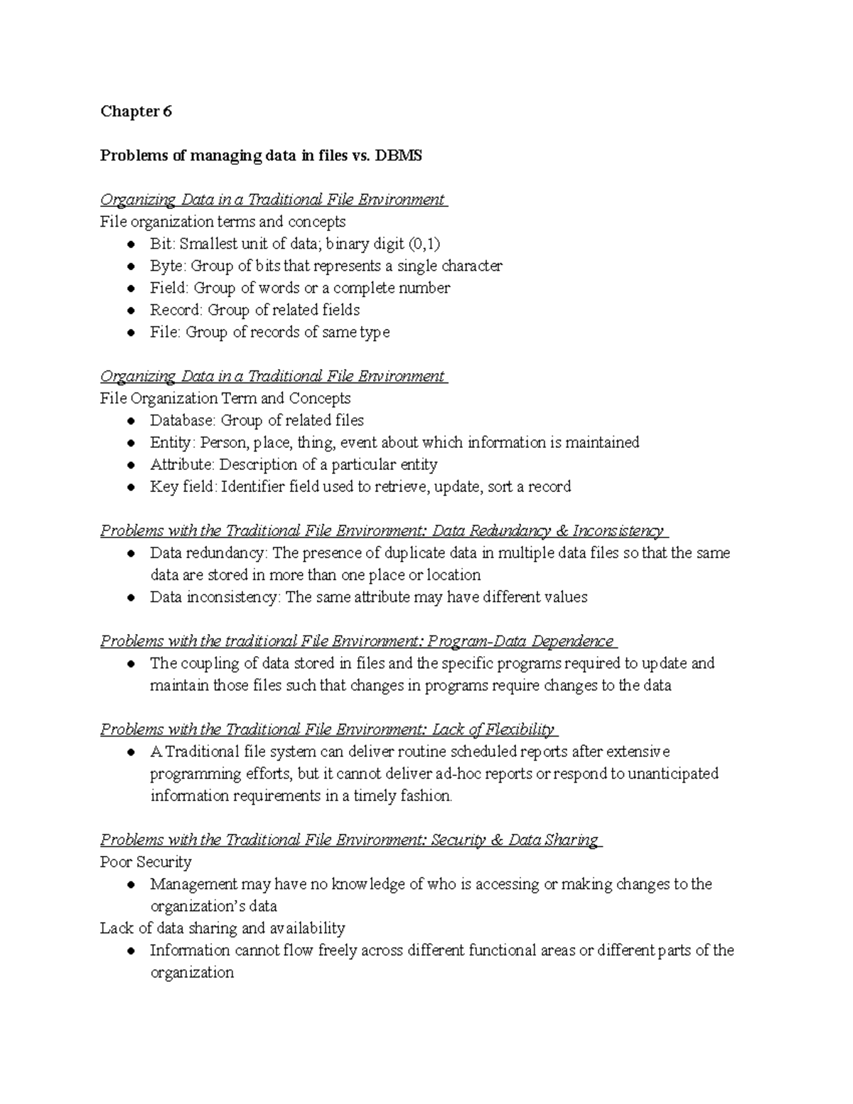 Chapter 6 - Class notes - Chapter 6 Problems of managing data in files ...
