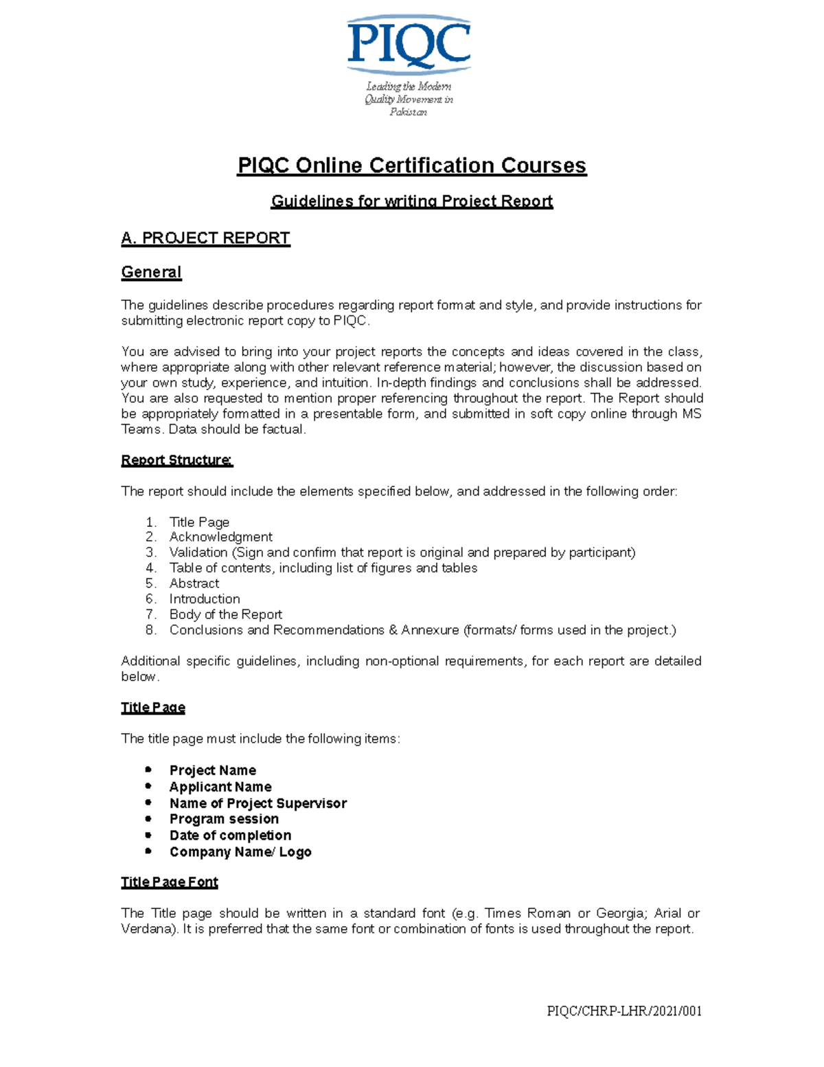 2022 CHRP Batch 40 Project Report Guidelines - PIQC/CHRP-LHR/2021 ...