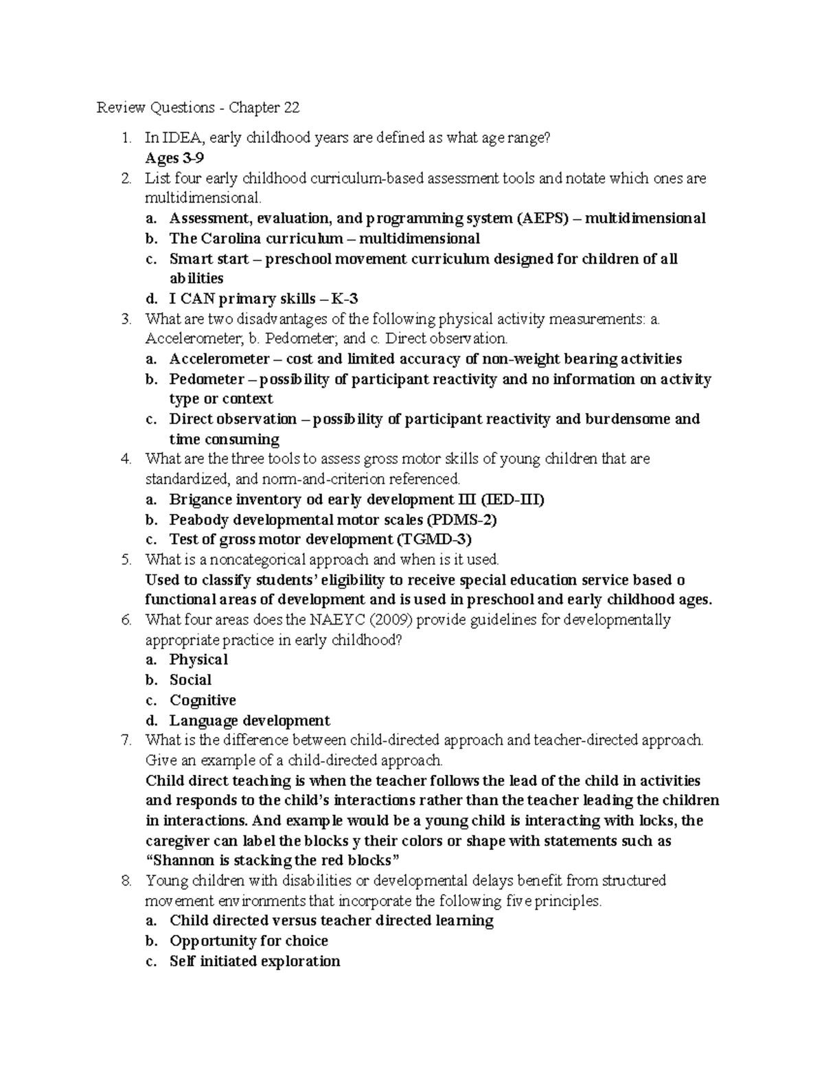 Special Pops Ch. 22 Assignment - Review Questions - Chapter 22 1. In IDEA, early childhood years ...