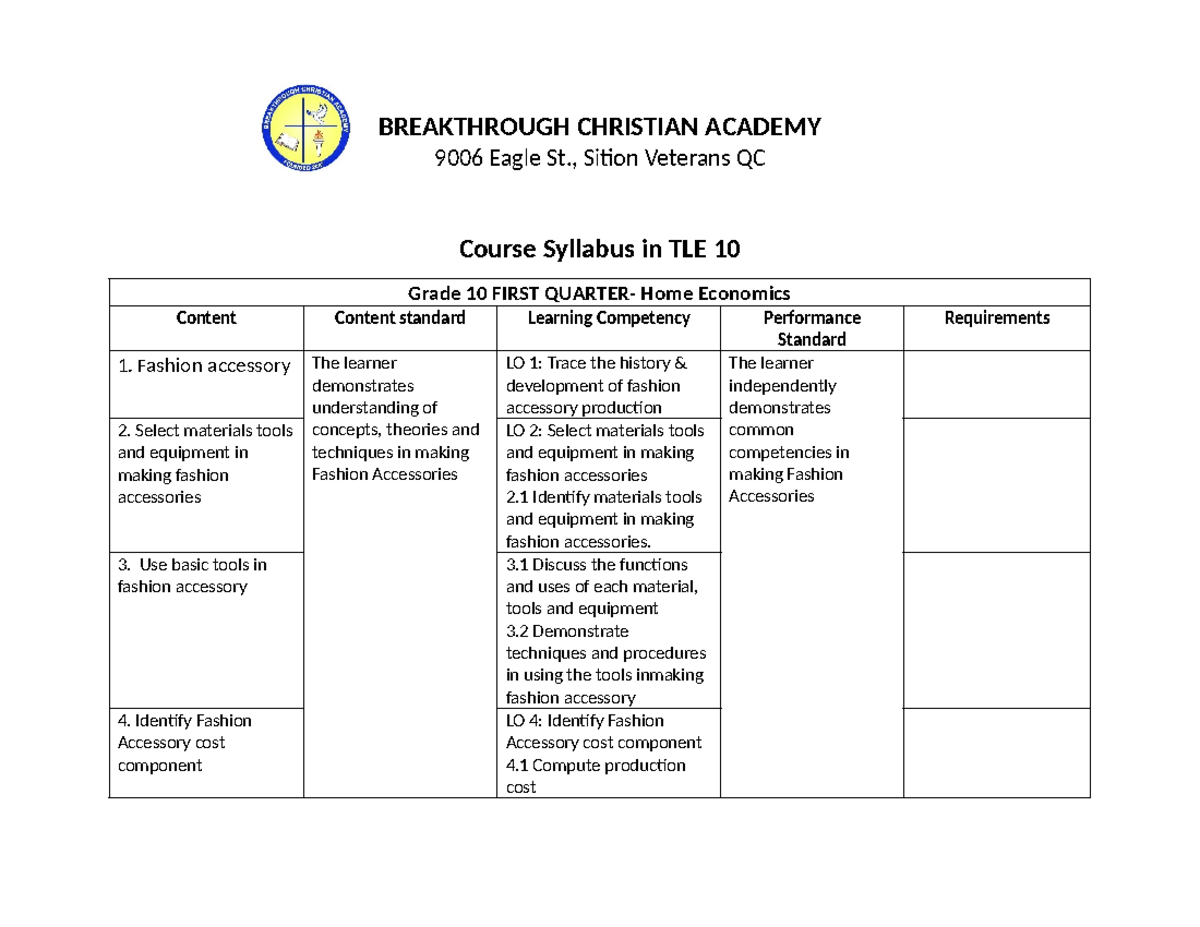 Course Syllabus in TLE 10 - BREAKTHROUGH CHRISTIAN ACADEMY 9006 Eagle ...
