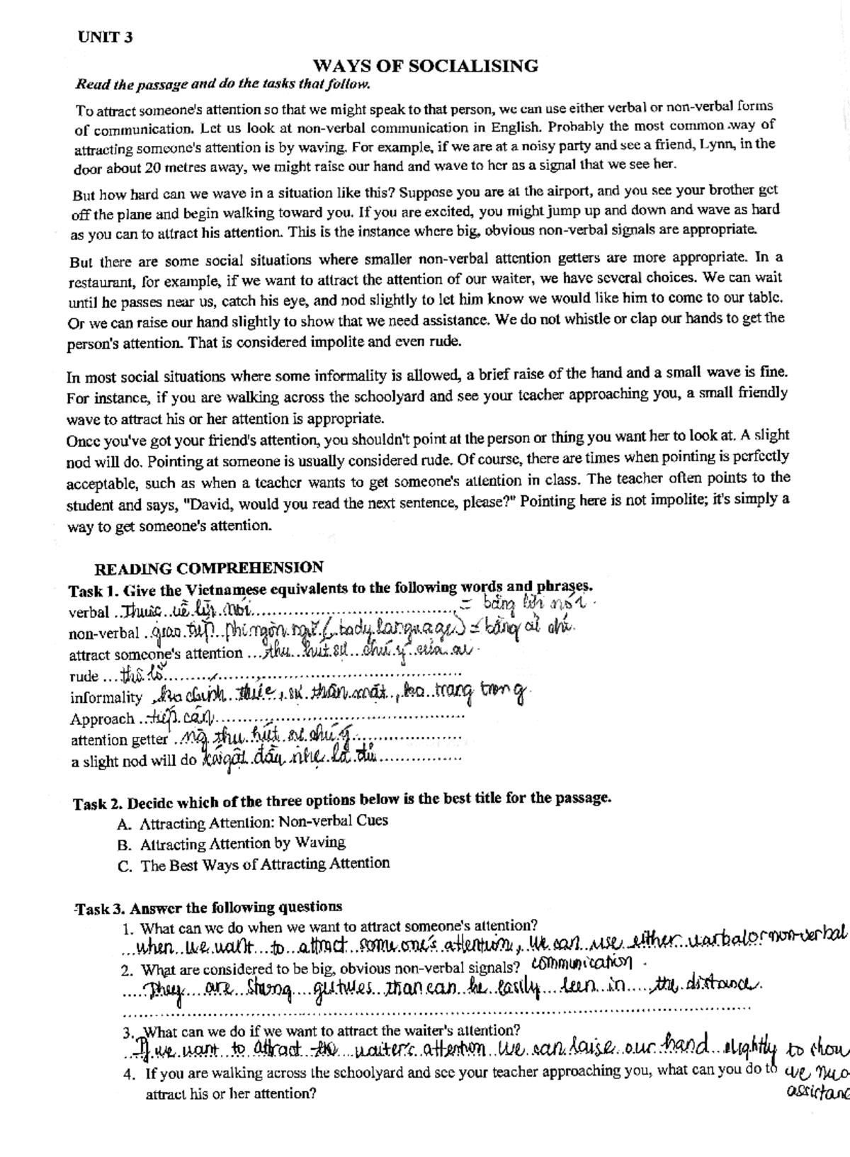 LTunit 3 - Reading :WAYS OF SOCIALISING, easy tasks, từ vựng bài đọc và ...