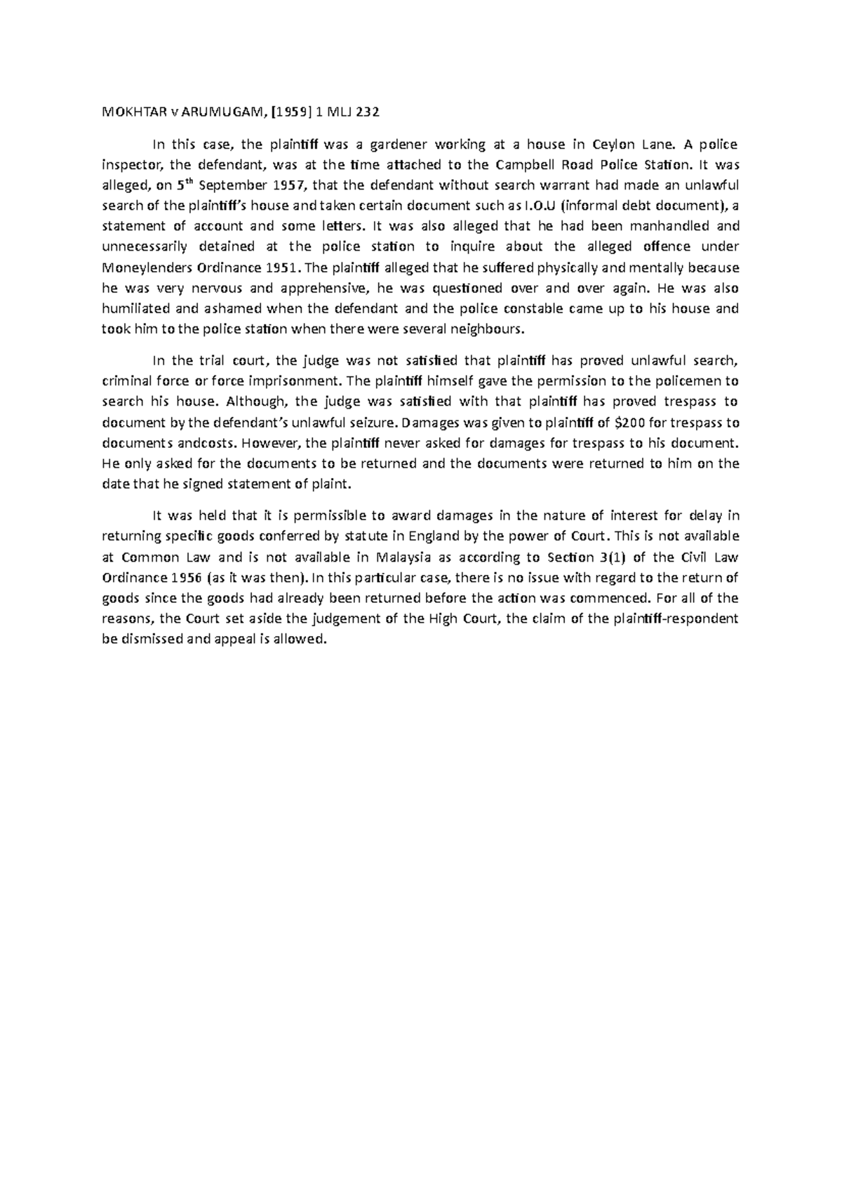 Cases summary mls - All the best! - MOKHTAR v ARUMUGAM, [1959] 1 MLJ ...
