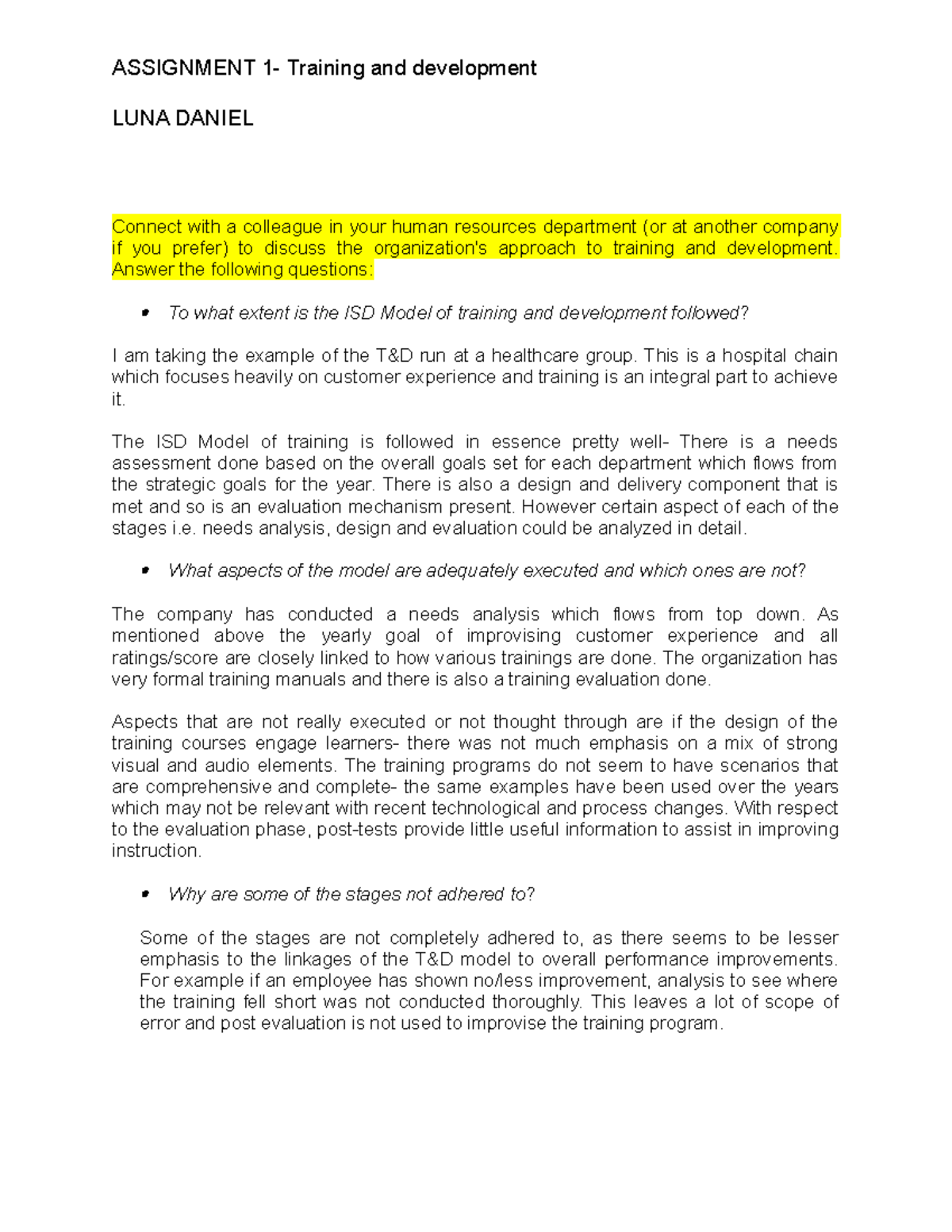 Assignment 1 - ASSIGNMENT 1- Training and development LUNA DANIEL ...