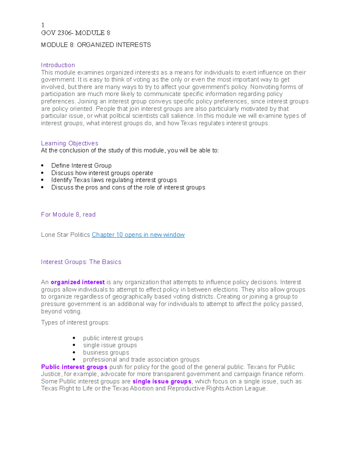 GOV 2306- Module 8-LEE - GOV 2306- MODULE 8 MODULE 8: ORGANIZED ...