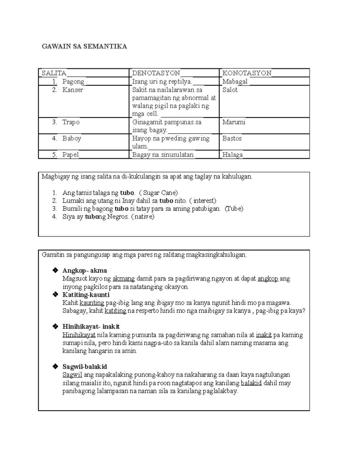 Gwain sa Semantika - Activity - GAWAIN SA SEMANTIKA SALITA DENOTASYON ...