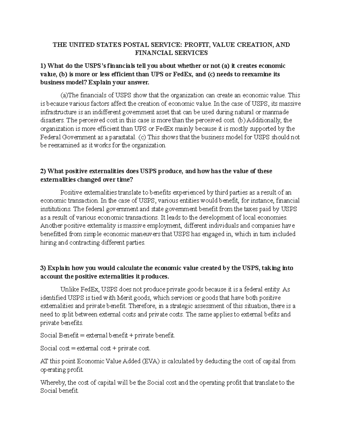 THE United States Postal Service ( Profit, Value Creation, AND ...