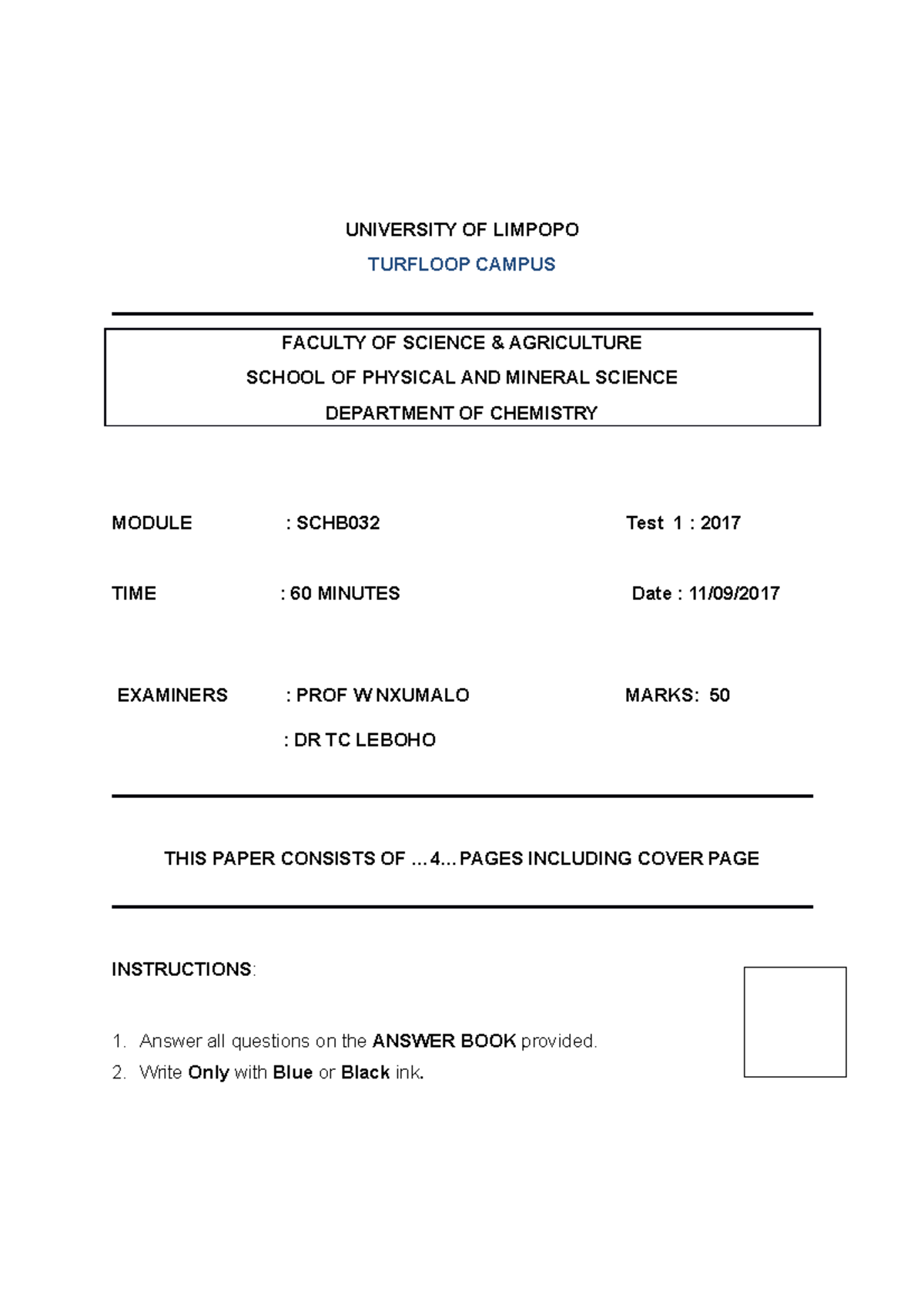 SCHB032 Test 01 - Test 1 practice material - UNIVERSITY OF LIMPOPO ...