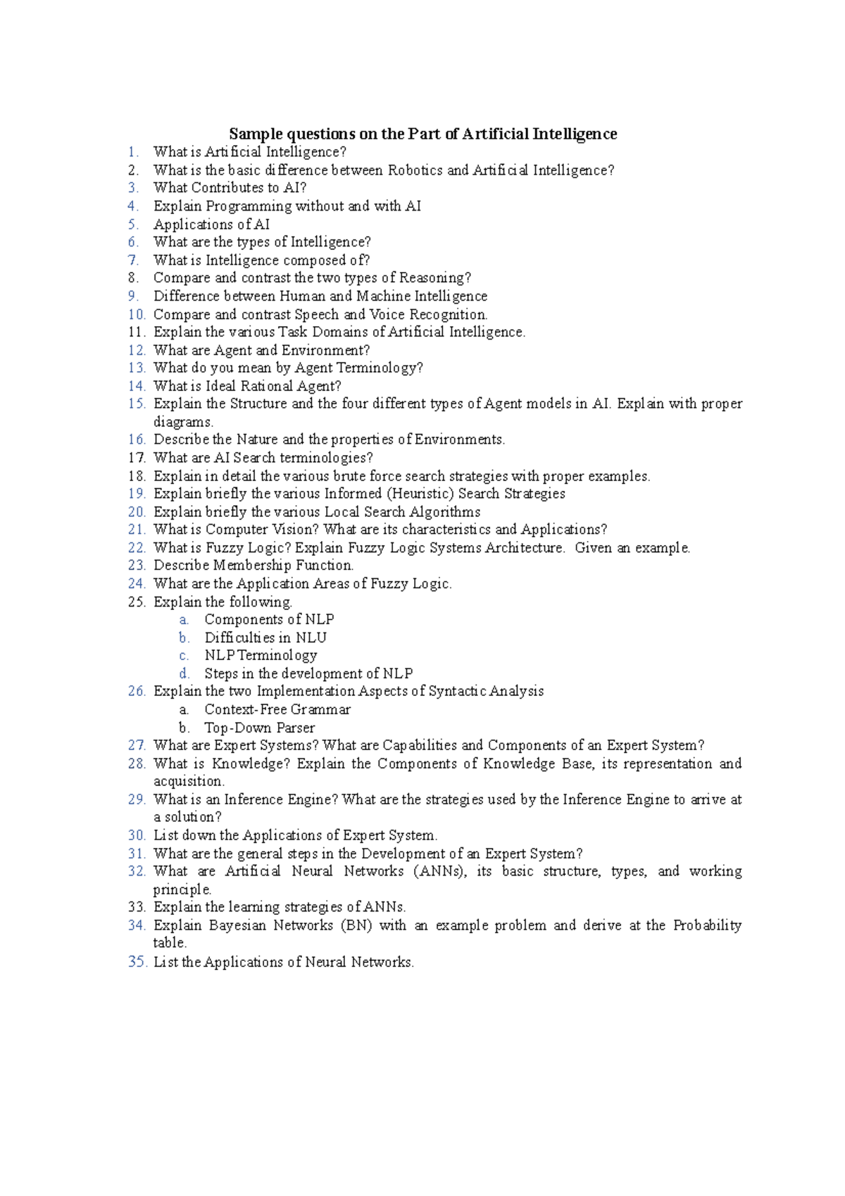 Robotics AI sample questions - Sample questions on the Part of ...