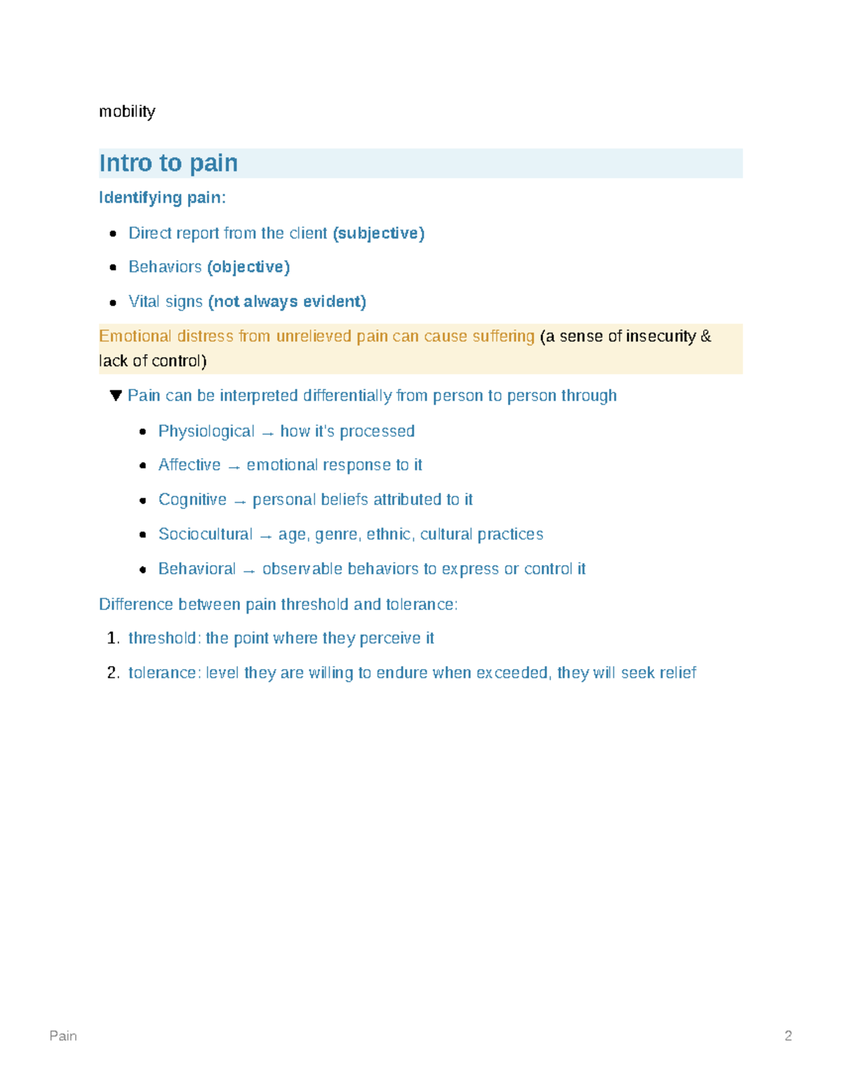 Pain notes - An in-depth note bundle about pain and everything it has ...