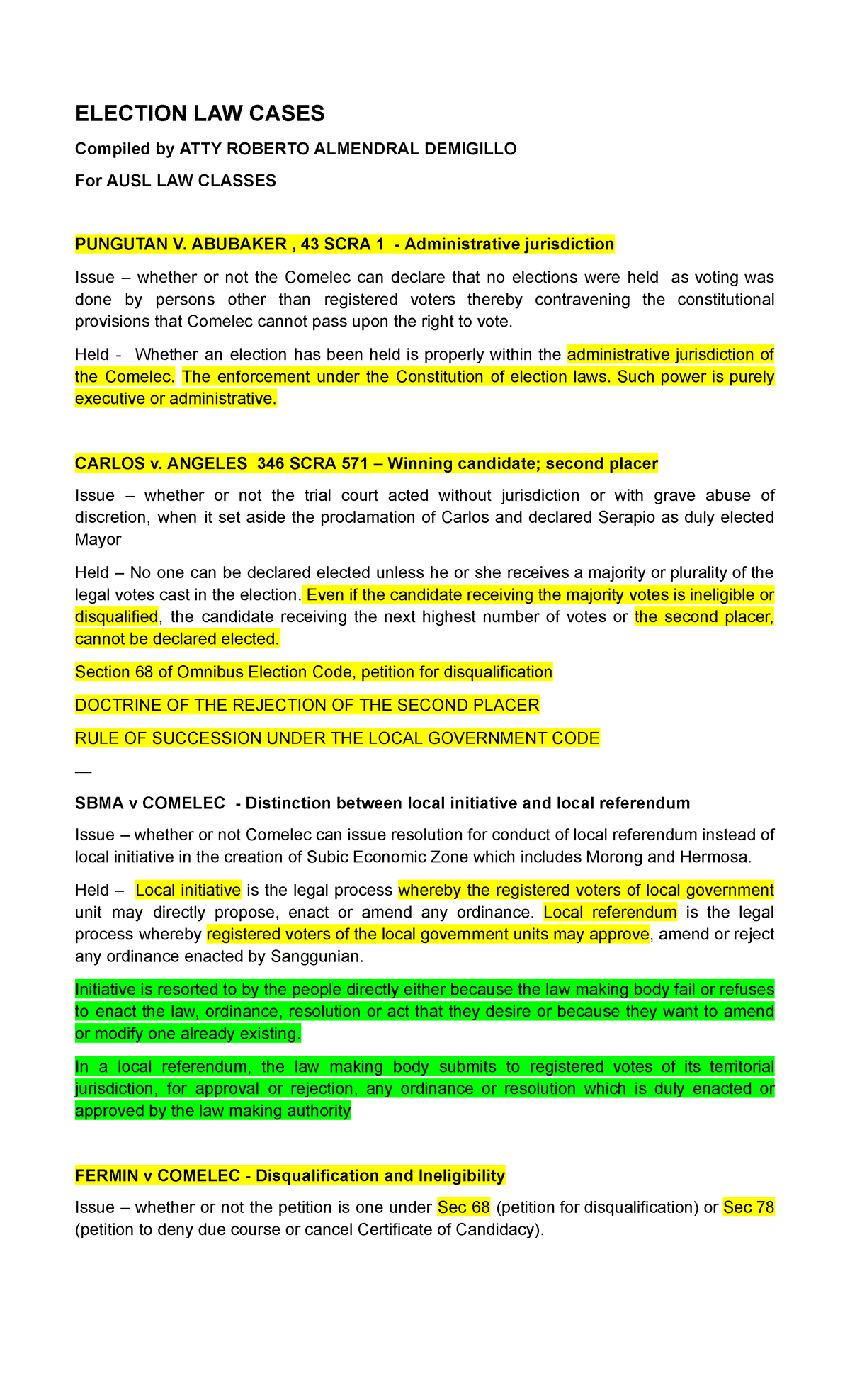 Copy of Election LAW Cases - ELECTION LAW CASES Compiled by ATTY ...