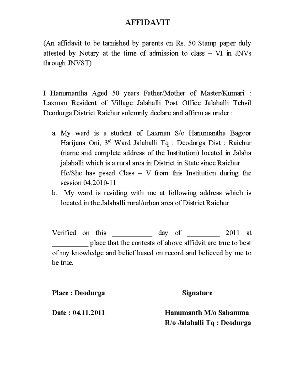 Affidavit - AFFIDAVIT (An affidavit to be tarnished by parents on Rs ...