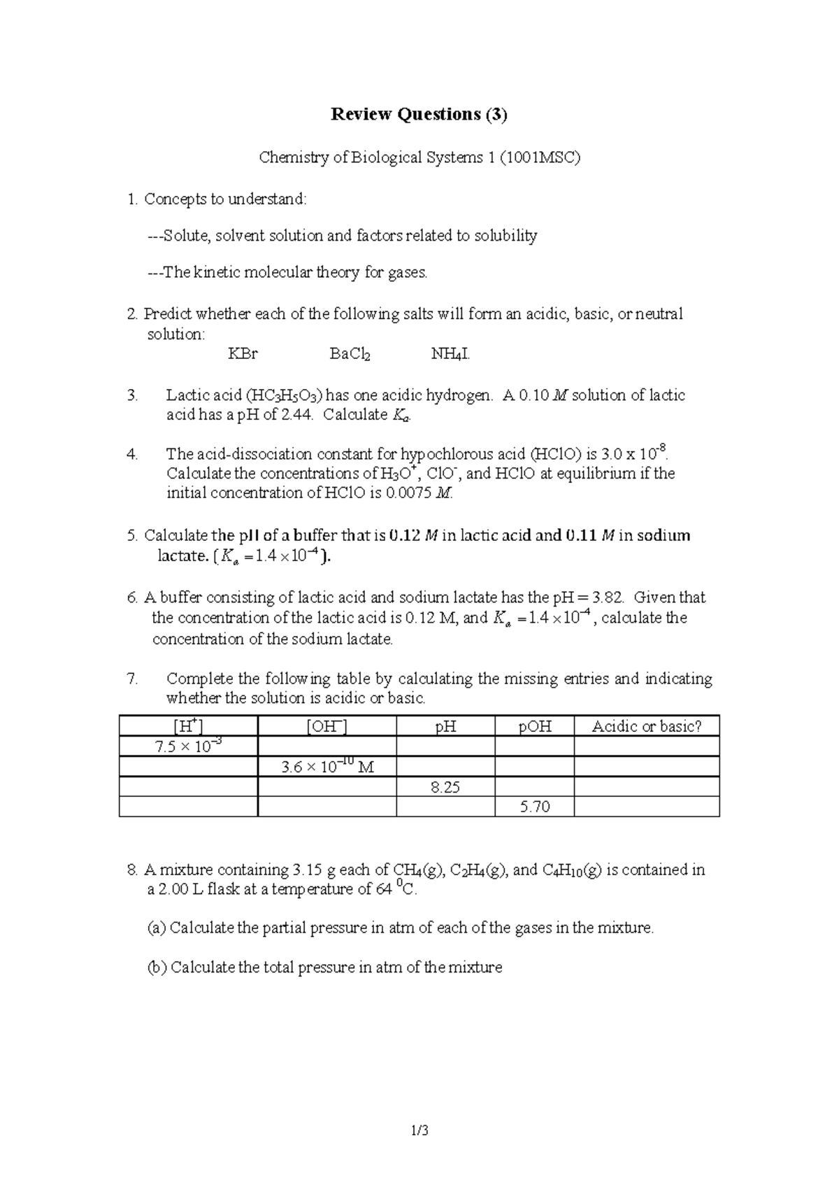 Final Exam Revision - 1/ Review Questions (3) Chemistry of Biological ...
