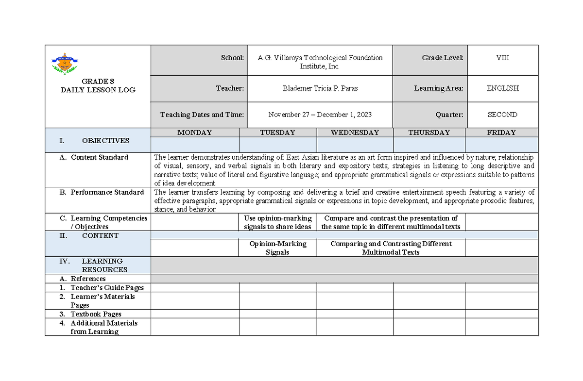 Grade 8 - Nov 27-Dec 1 (English) - GRADE 8 DAILY LESSON LOG School: A ...