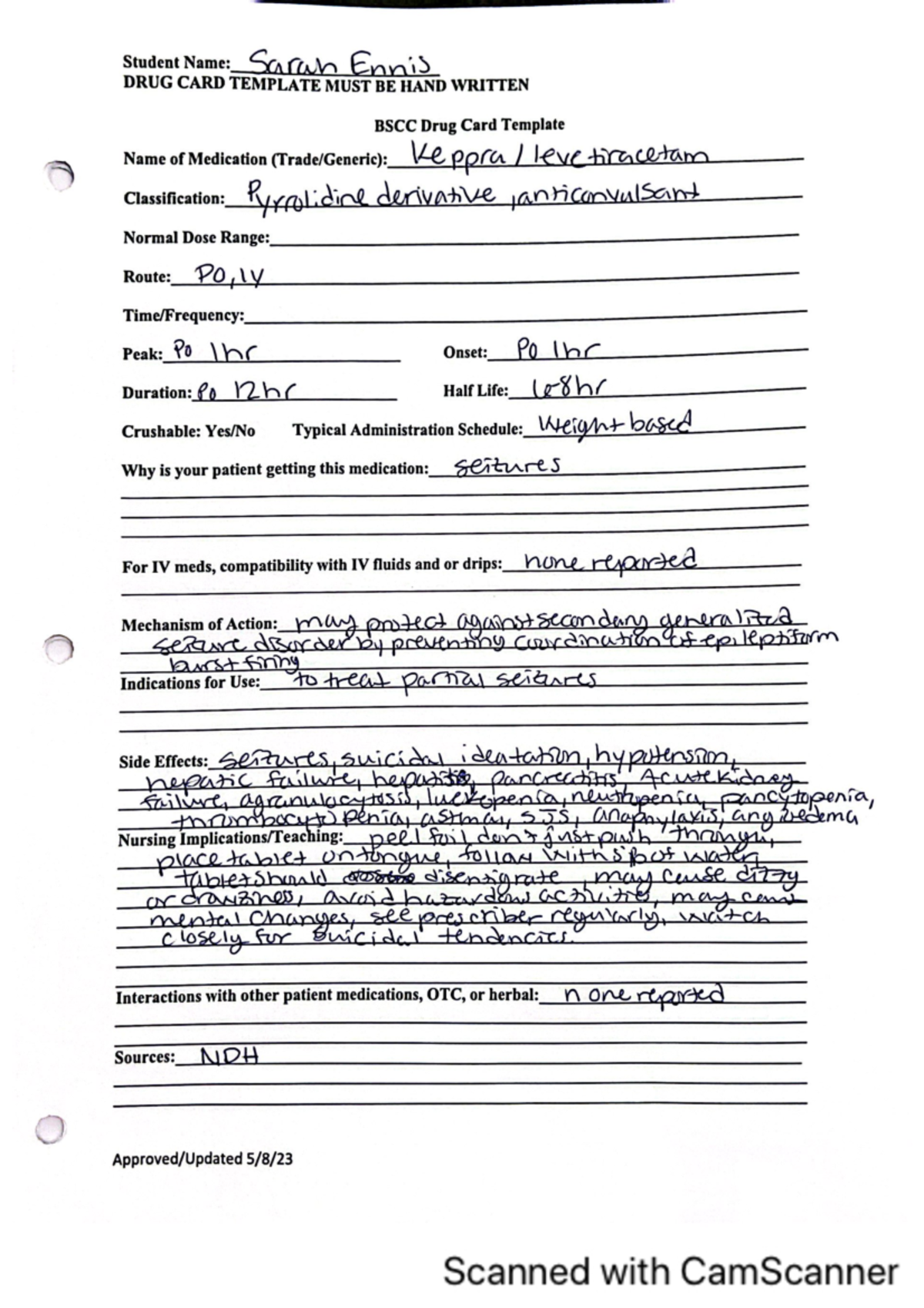 Drug Card Keppra - NUR 326 - Studocu
