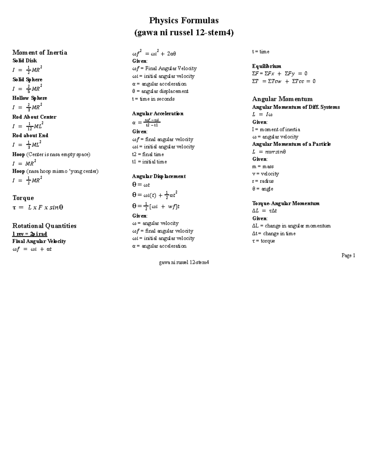 G12 - GP01 - Finals Formulas - Physics Formulas (gawa ni russel 12 ...