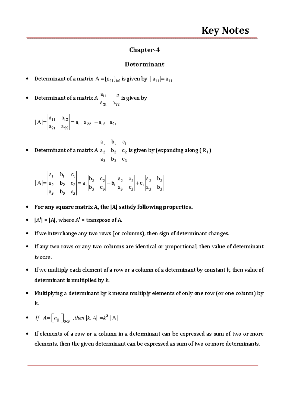 12 maths key notes ch 04 determinant - Key Notes Chapter- Determinant ...