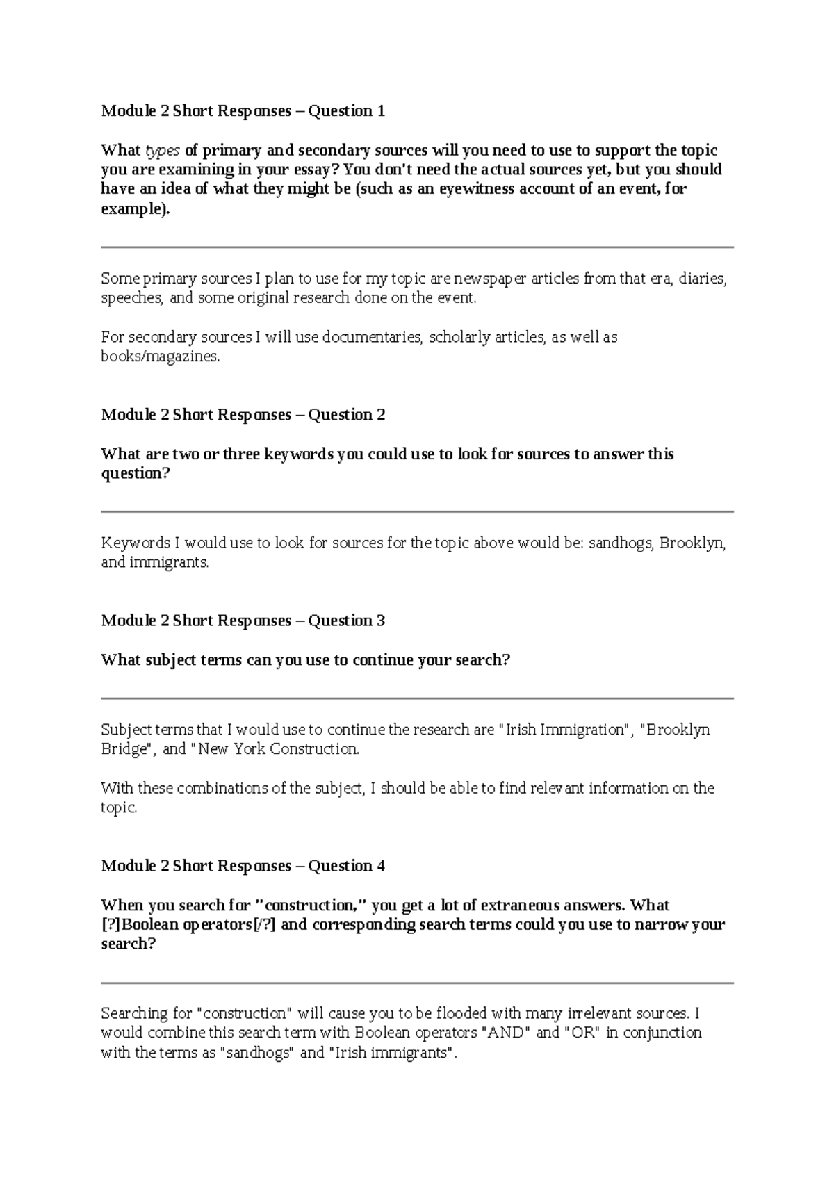 Module Two Short Responses - Some primary sources I plan to use for my ...