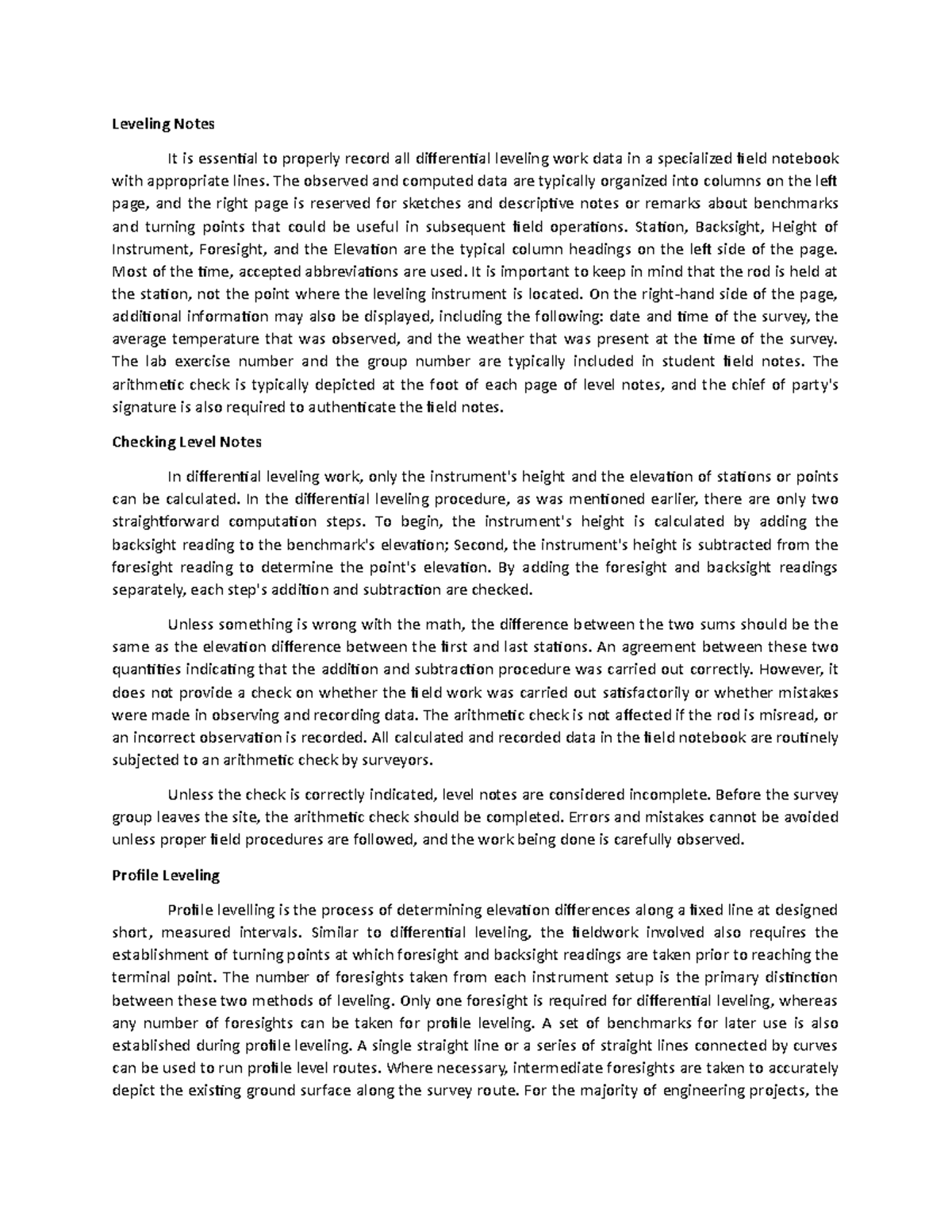 Profile Leveling - Leveling Notes It is essential to properly record ...
