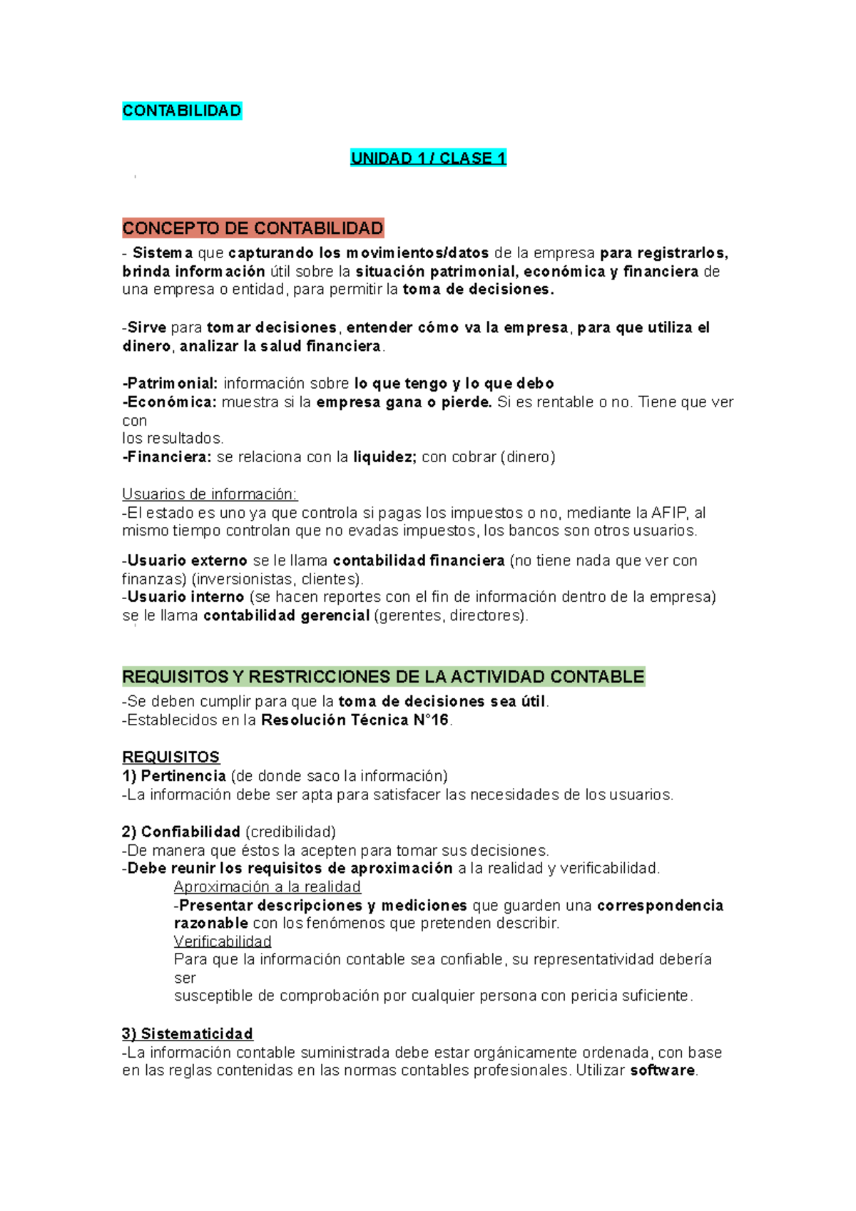 Contabilidad resumennn - CONTABILIDAD UNIDAD 1 / CLASE 1 CONCEPTO DE CONTABILIDAD Sistema que ...