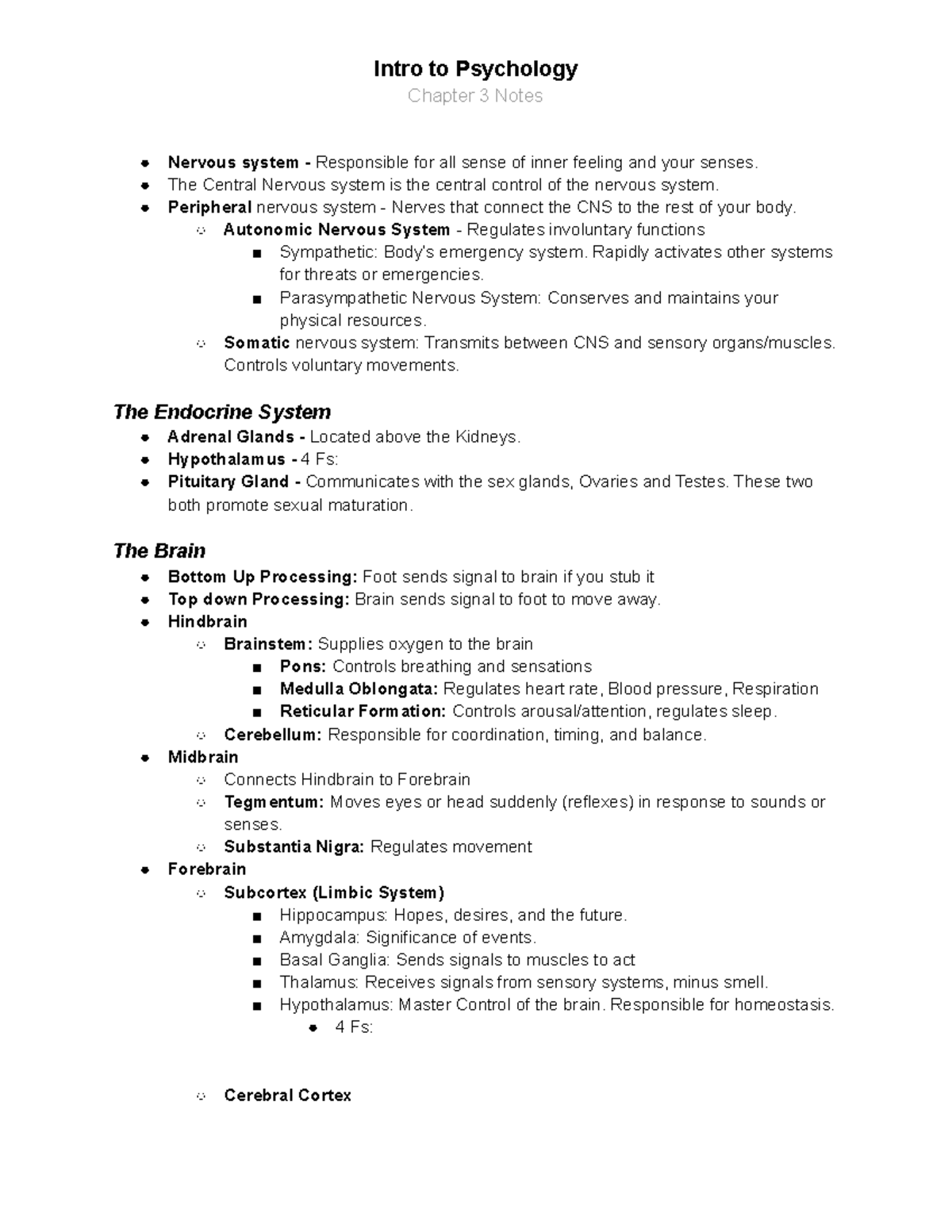 Chapter 3 Notes - Intro to Psychology Chapter 3 Notes Nervous system ...