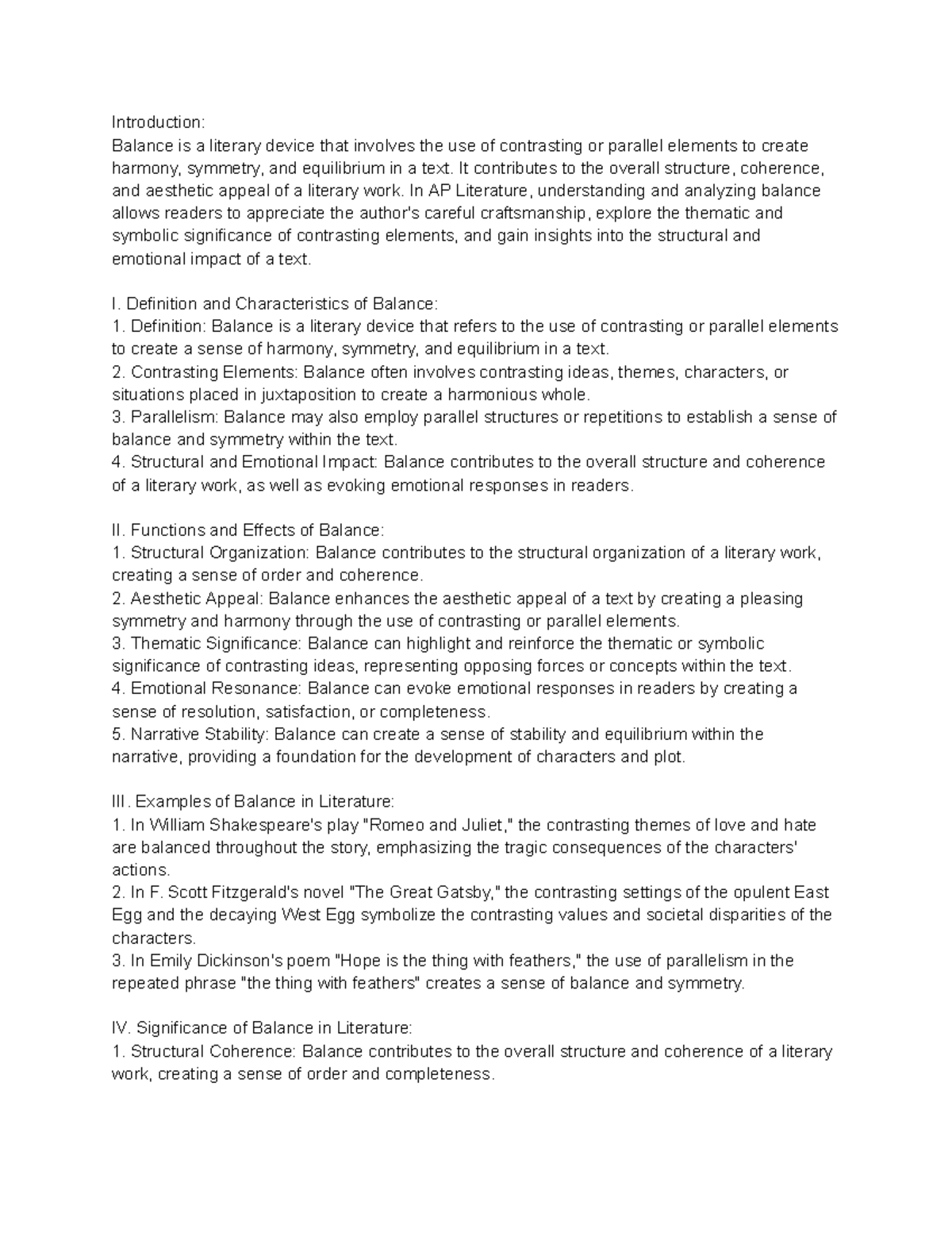 Balance in AP Literature - Introduction: Balance is a literary device that involves the use of ...