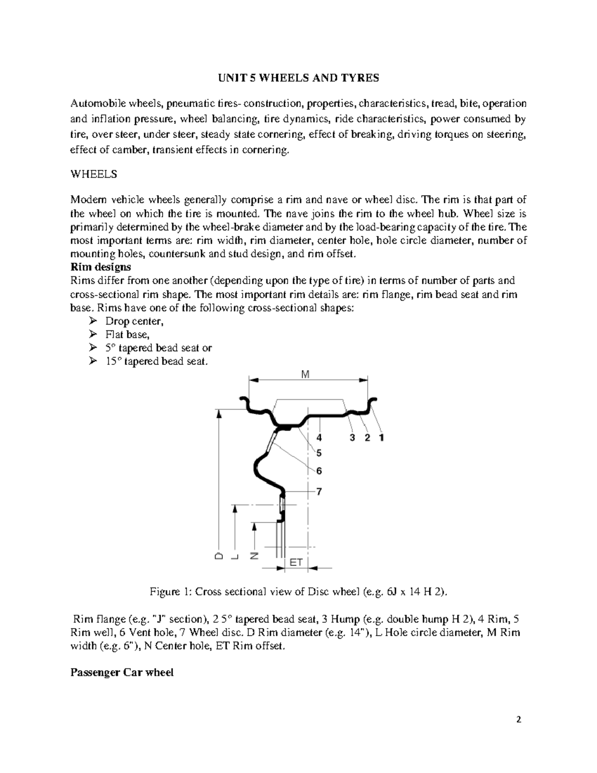 Wheels AND Tyres notes - UNIT 5 WHEELS AND TYRES Automobile wheels ...