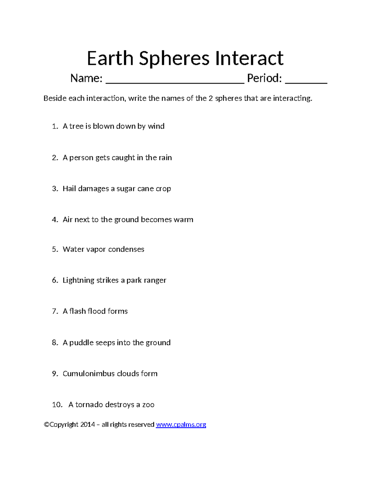 Student worksheet-answers earth spheres interact - Earth Spheres ...