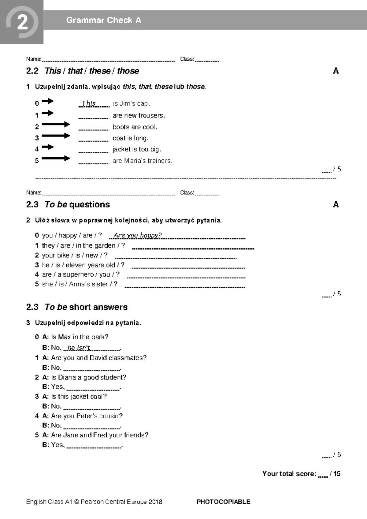 ECA1 Tests Grammar Check 2A new2018 - English Class A1 © Pearson ...