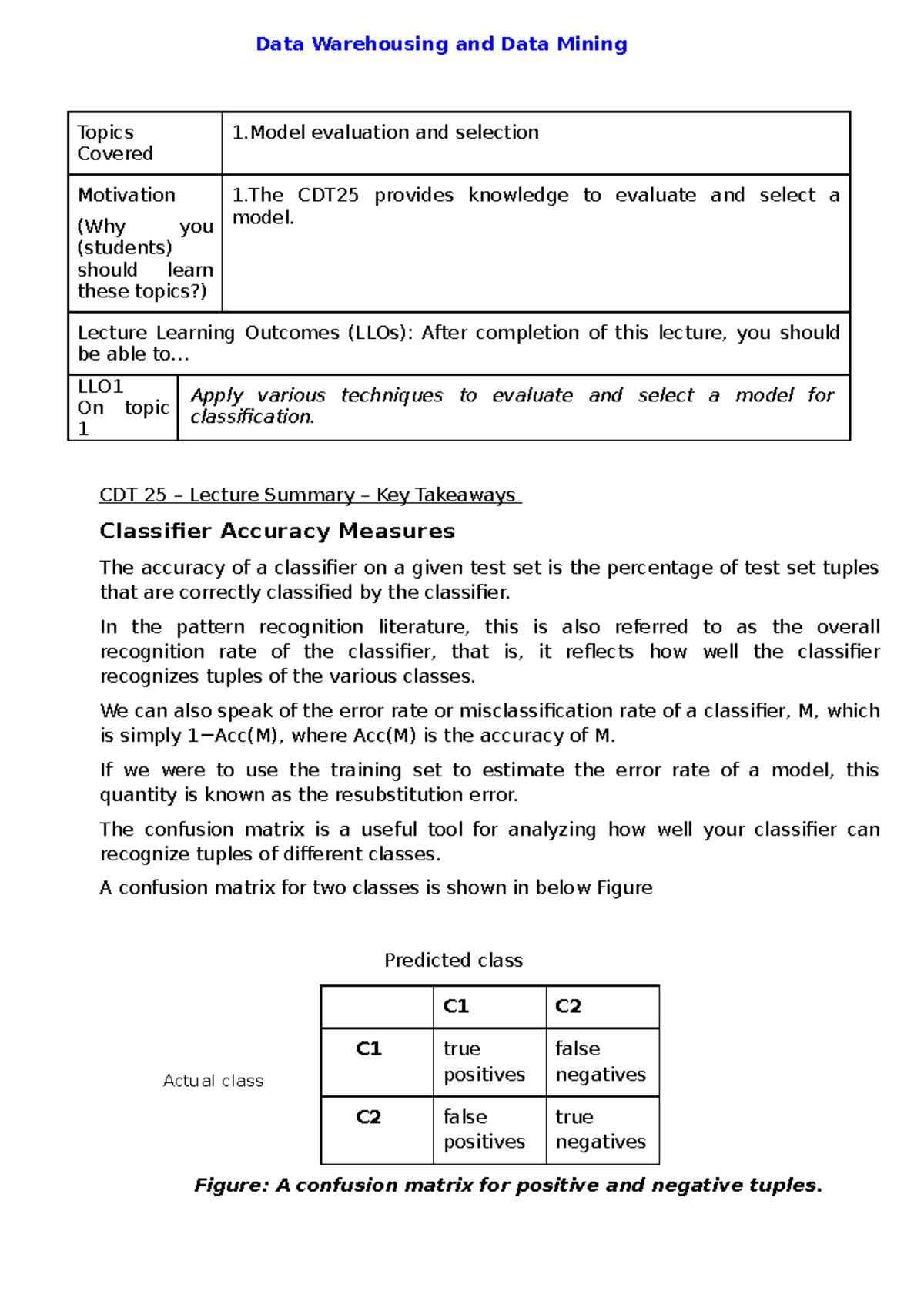 Model evaluation and selection - Topics Covered 1 evaluation and ...