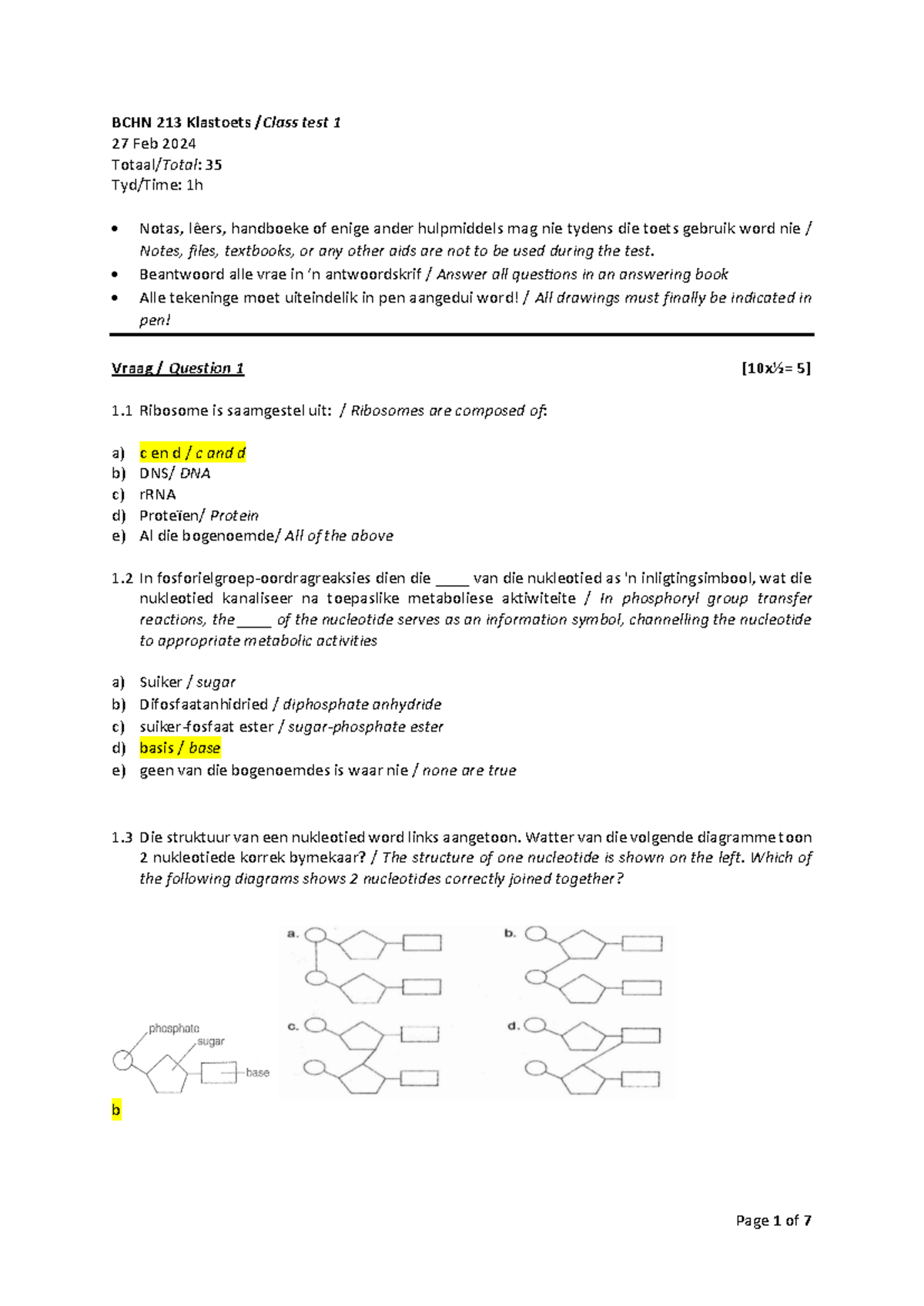 BCHN 213 2024 T1 memo - BCHN 213 Klastoets /Class test 1 27 Feb 2024 ...