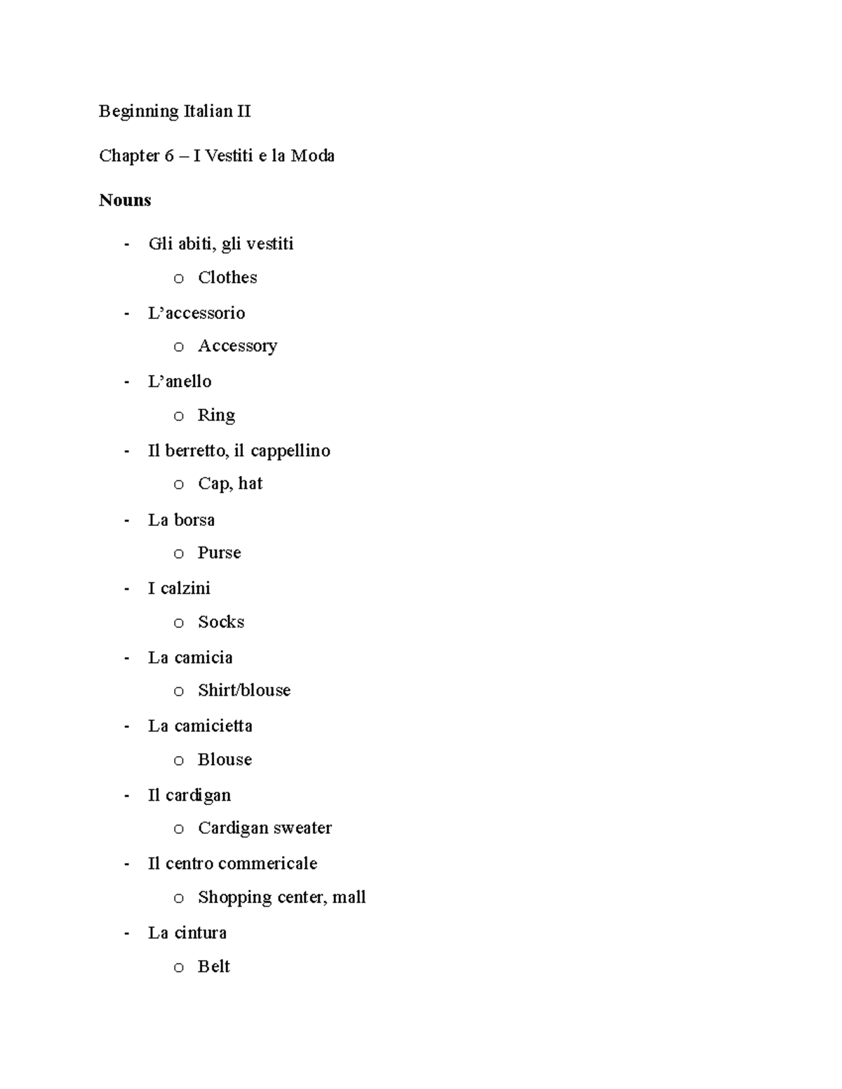 Beginning Italian II - "I vestiti e la moda" - nouns and adjectives ...