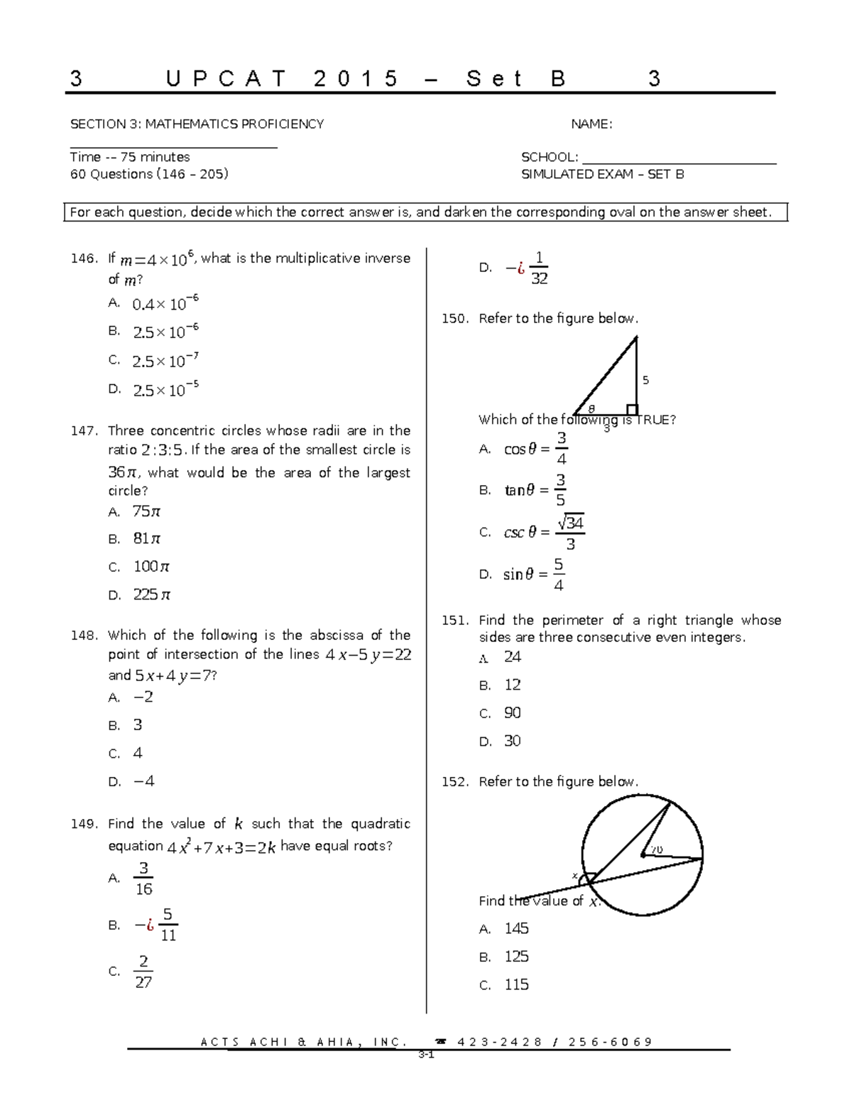 03 Mathematics Proficiency Answer Key - ####### SECTION 3: MATHEMATICS ...