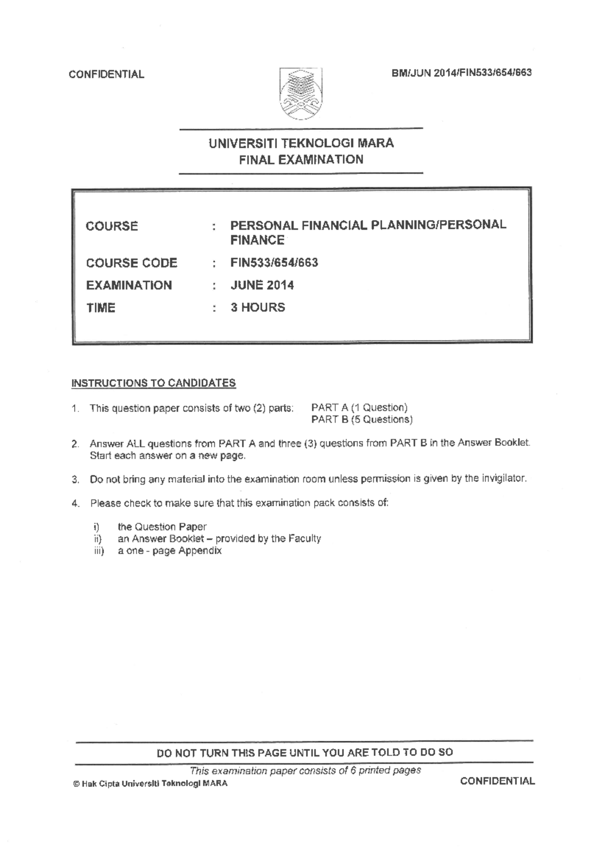 FIN533 JUNE14 - PRACTICE - Personal Financial Planning - Studocu