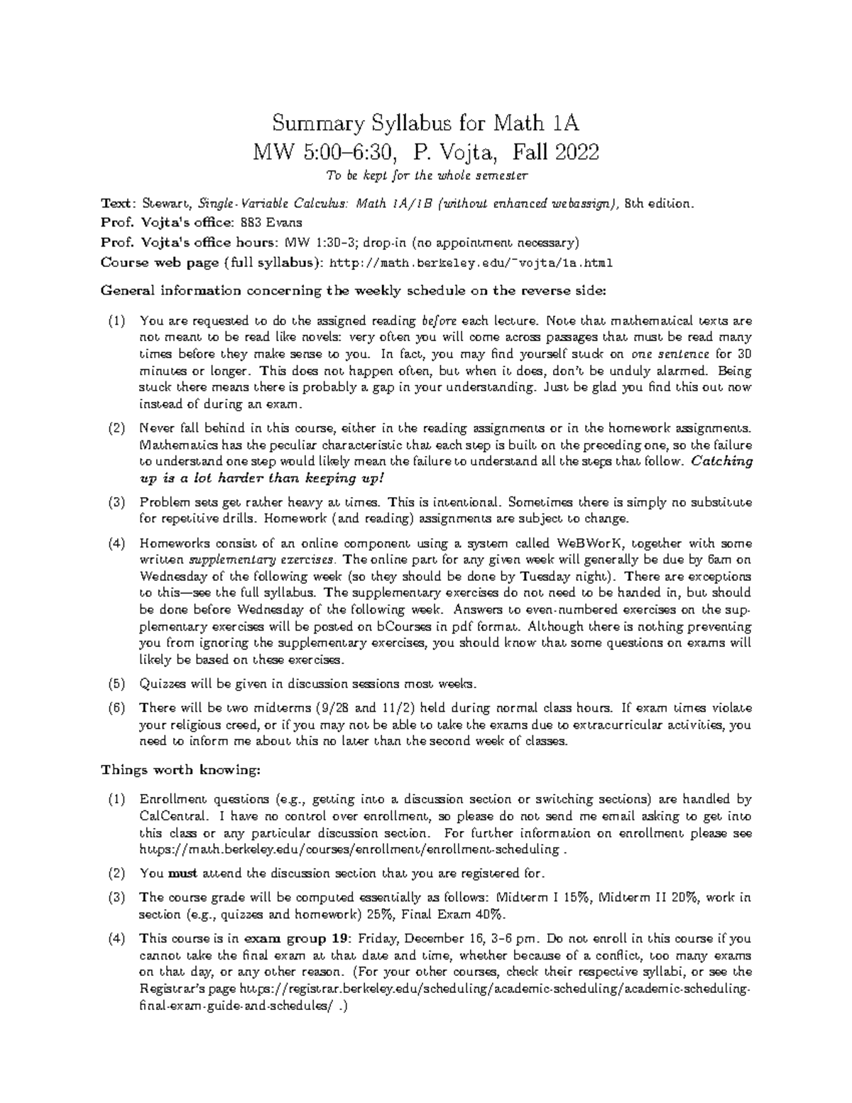 Math 1a syllabus - Summary Syllabus for Math 1A MW 5:00–6:30, P. Vojta ...